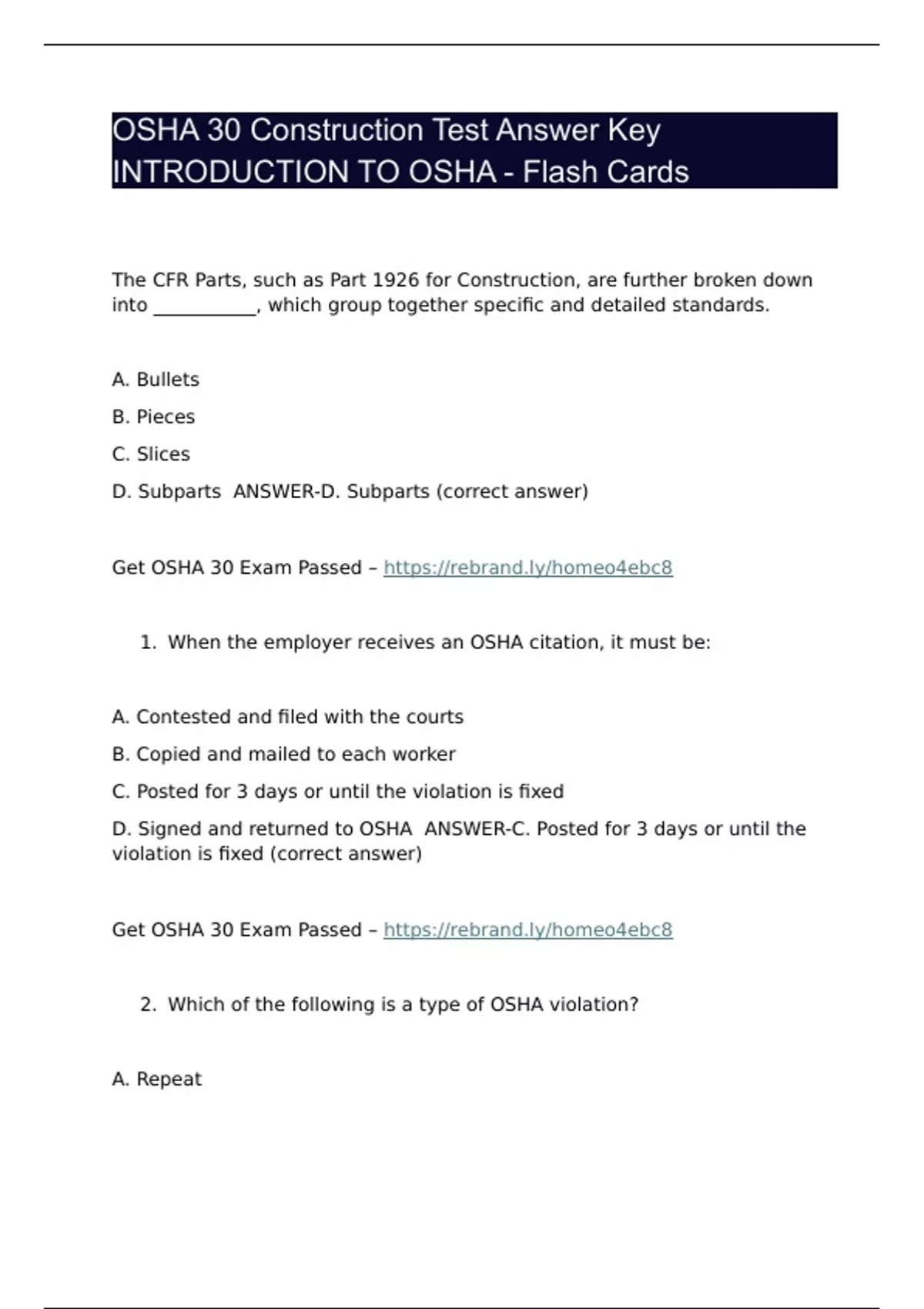 OSHA 30 Construction Test Answer Key INTRODUCTION TO OSHA - Flash Cards ...
