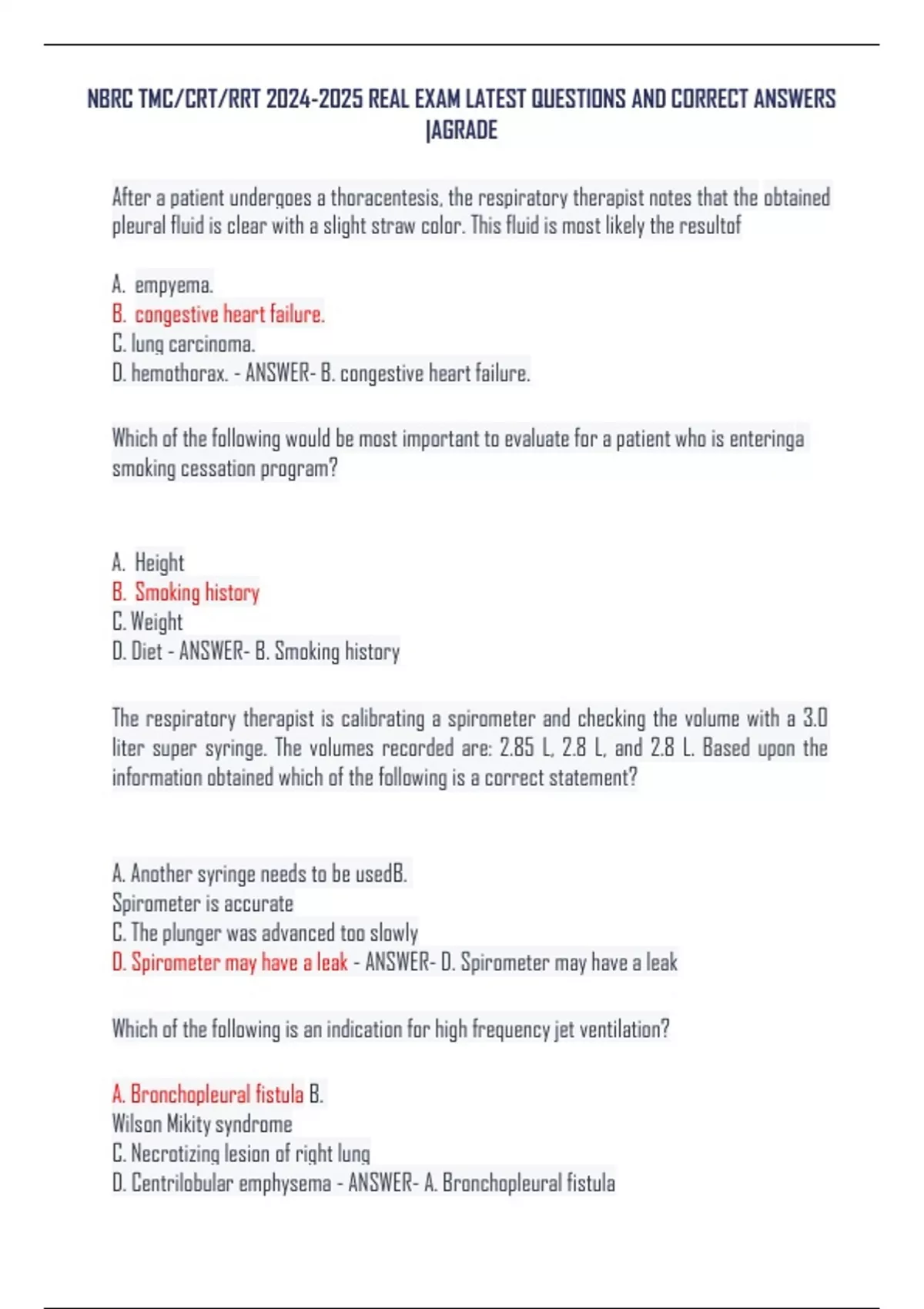 NBRC TMC/CRT/RRT REAL EXAM LATEST QUESTIONS AND CORRECT ANSWERS |AGRADE ...