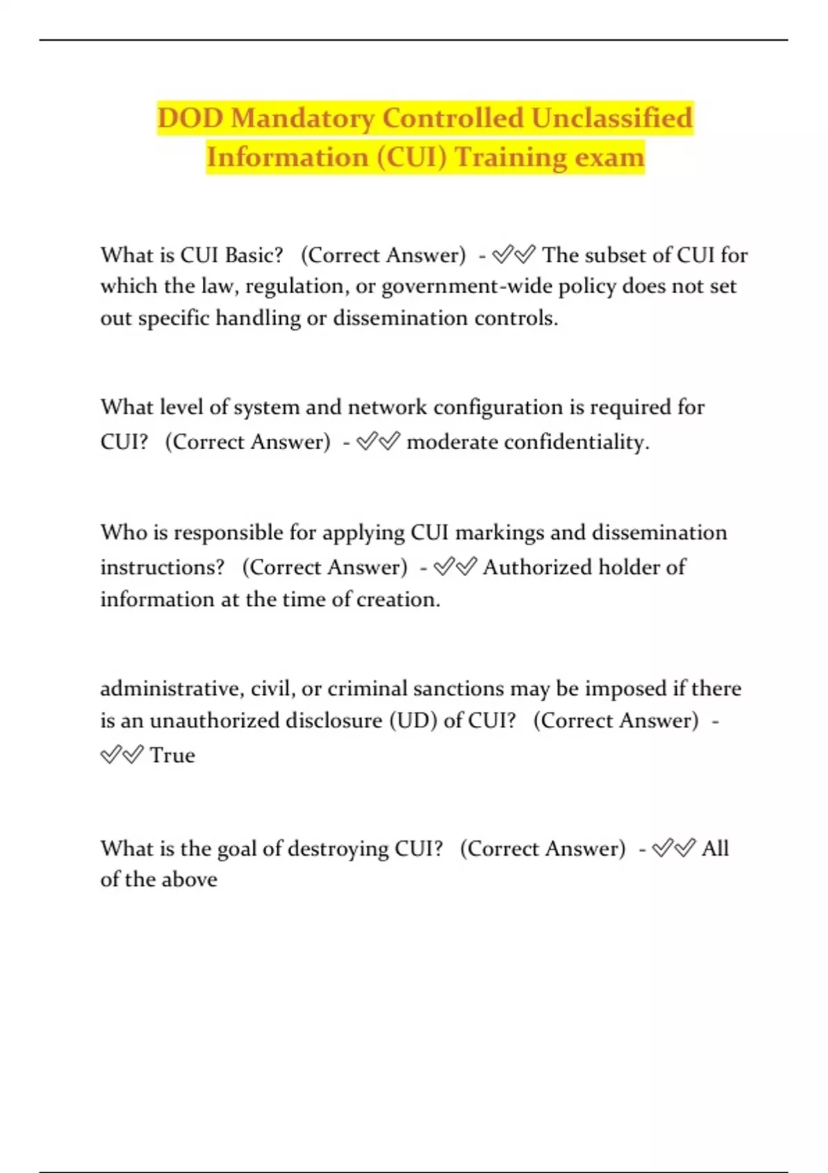 DOD Mandatory Controlled Unclassified Information (CUI) Training exam ...