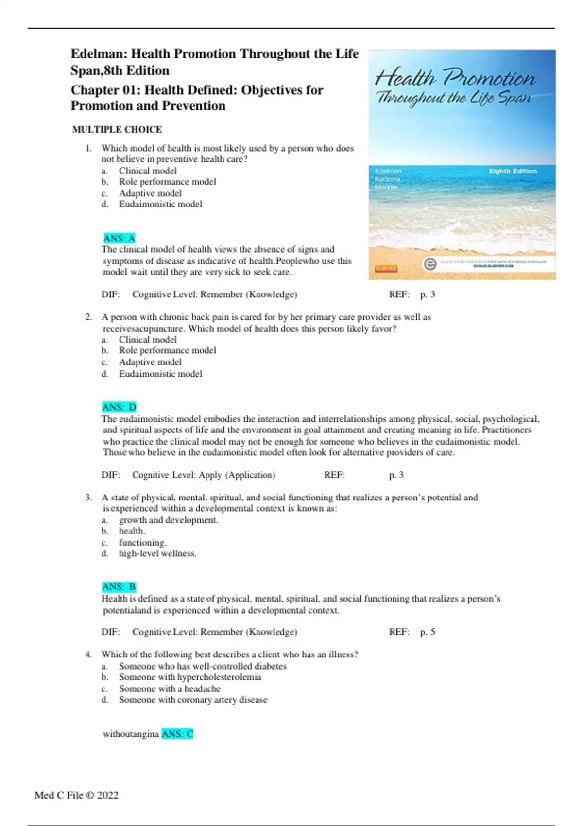 TEST BANK FOR Health Promotion Throughout the Life Span 8th Edition ...