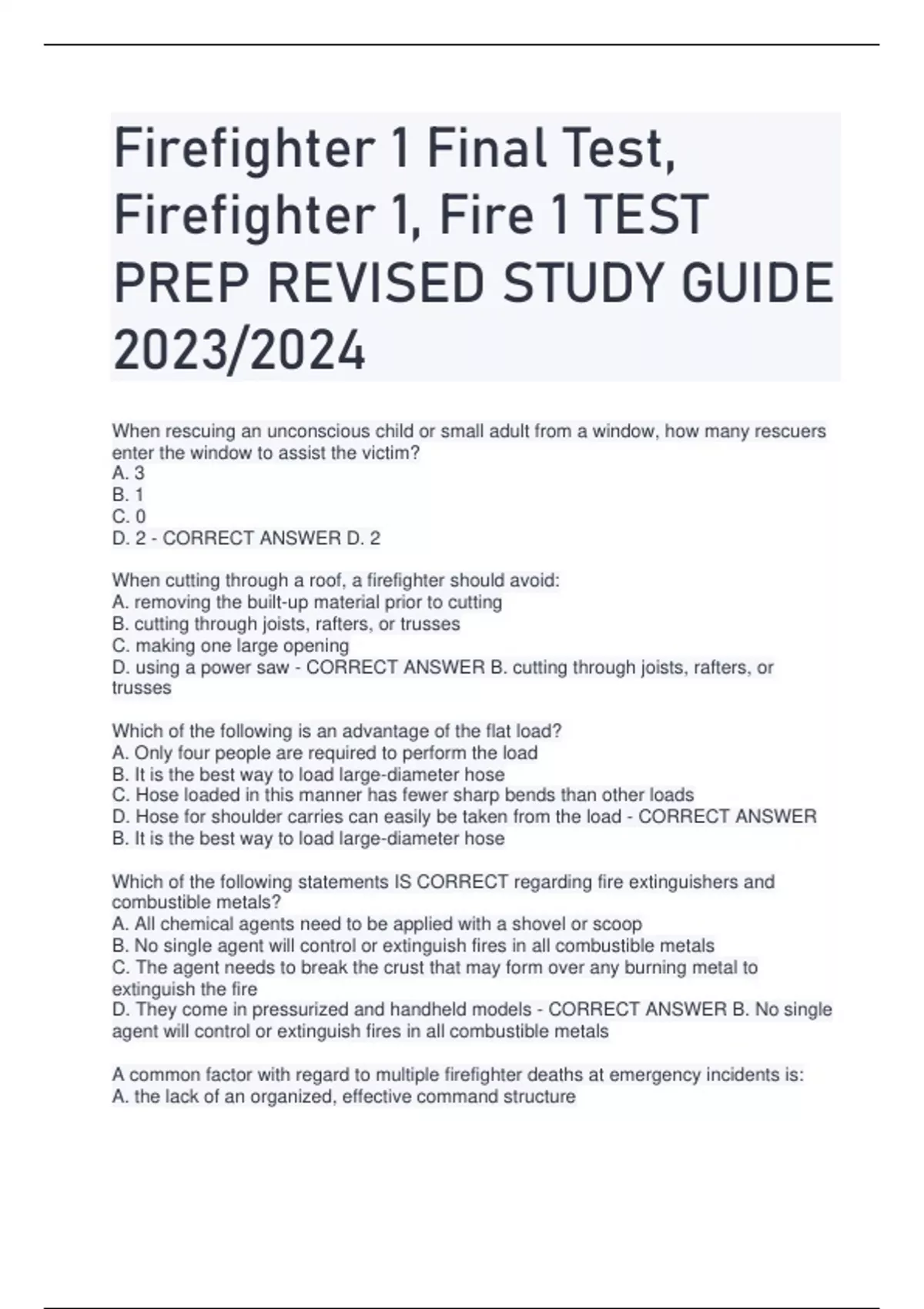 UPDATED TESTBANK Firefighter 1 Final Test, Firefighter 1, Fire 1 TEST ...