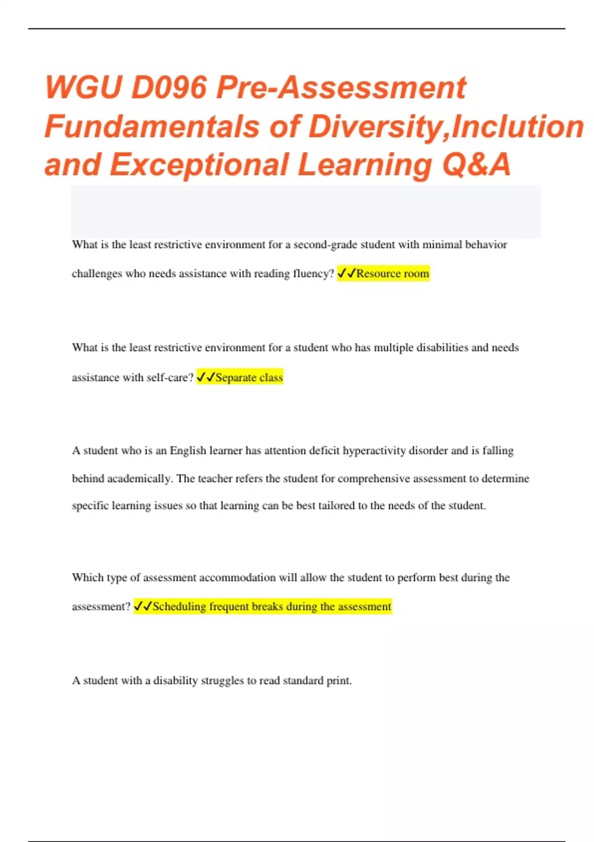 WGU D096 Fundamentals of Diverse Learners (BUNDLE )(COMPLETE PACKAGE)(Verified Answers) - Stuvia US