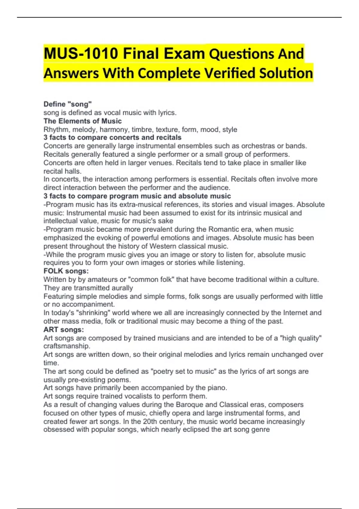 MUS-1010 Final Exam Questions And Answers With Complete Verified ...