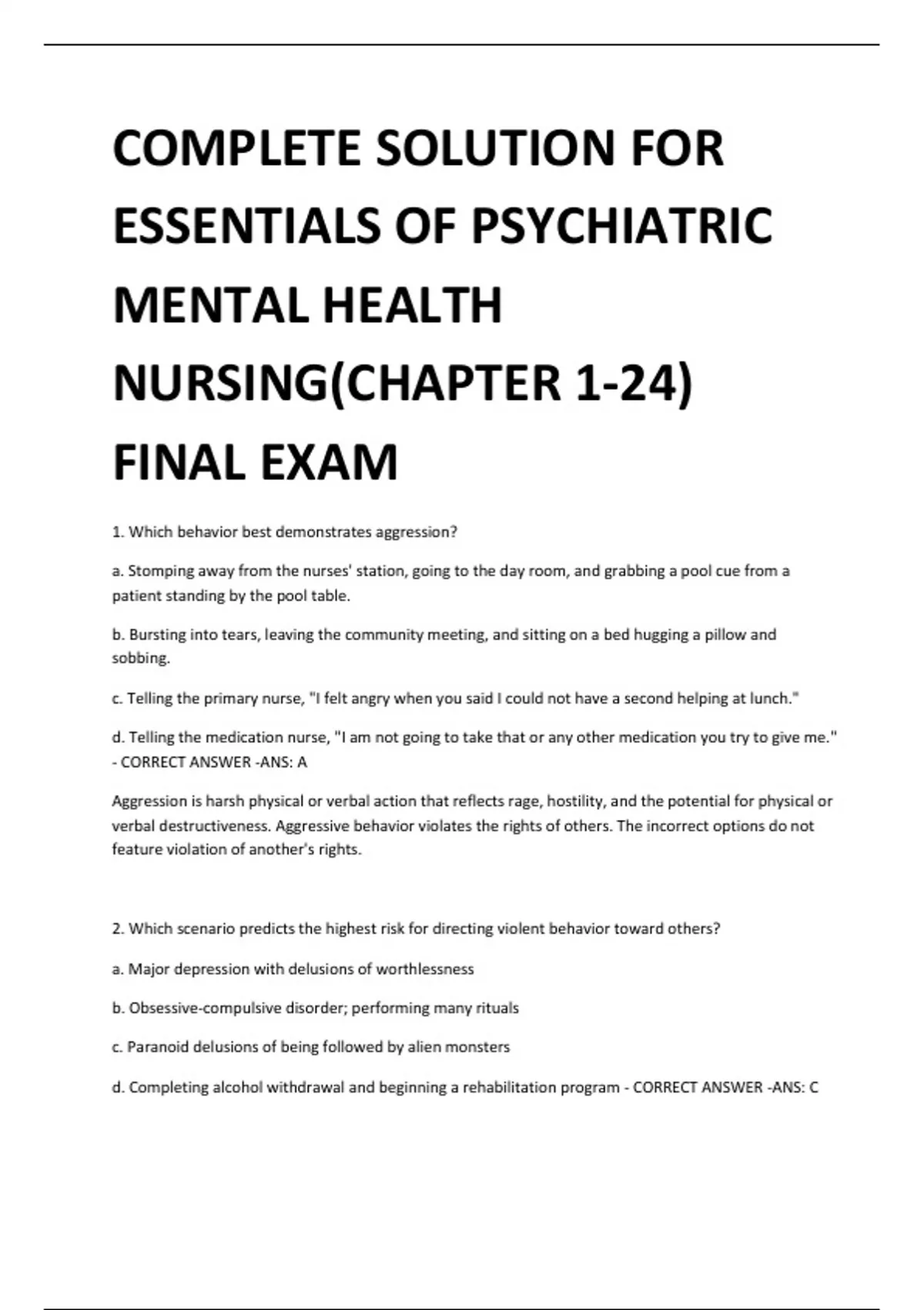 COMPLETE SOLUTION FOR ESSENTIALS OF PSYCHIATRIC MENTAL HEALTH NURSING ...