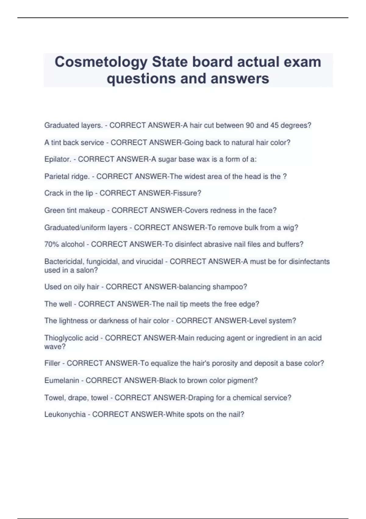Cosmetology State board actual exam questions and answers - Cosmetology ...