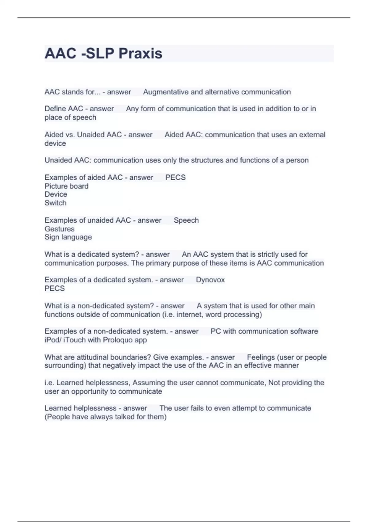 AAC -SLP Praxis Questions and Answers Latest Updated 2024 - SLP Praxis ...