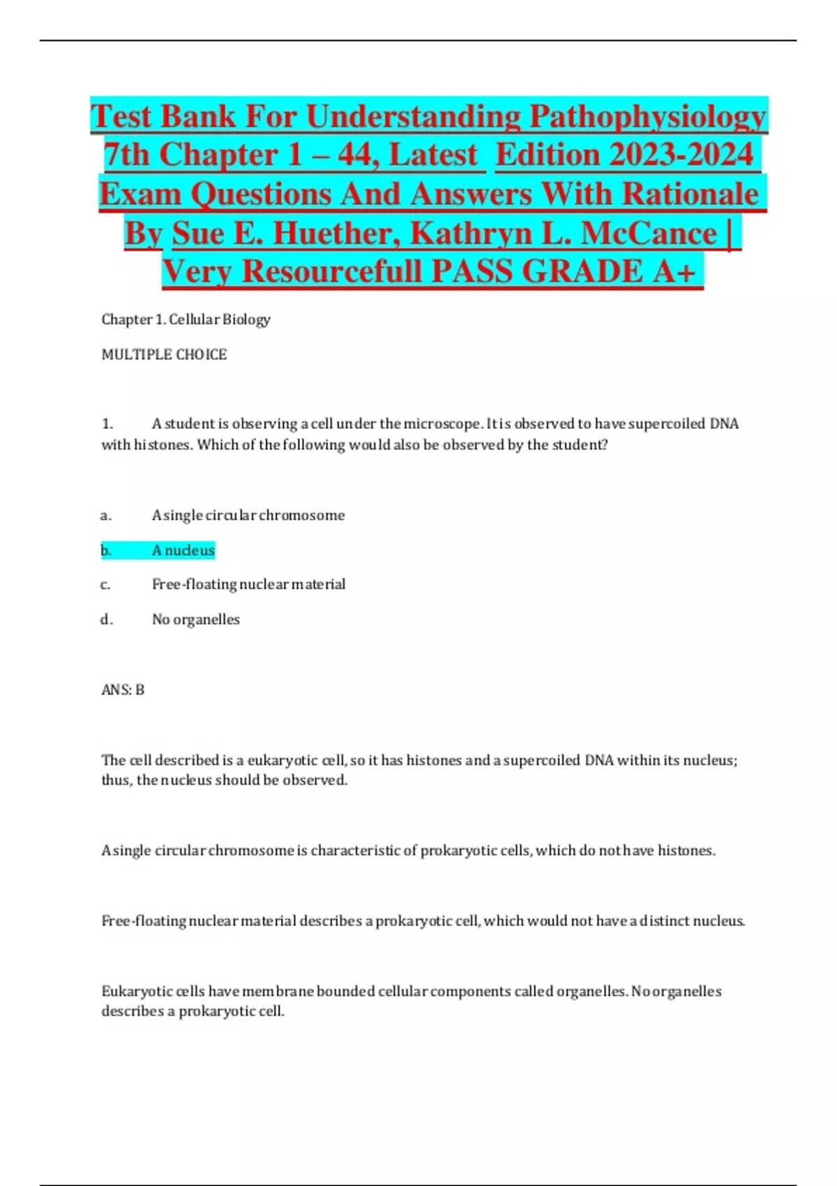 Test Bank For Understanding Pathophysiology 7th Chapter 1 – 44, Latest ...