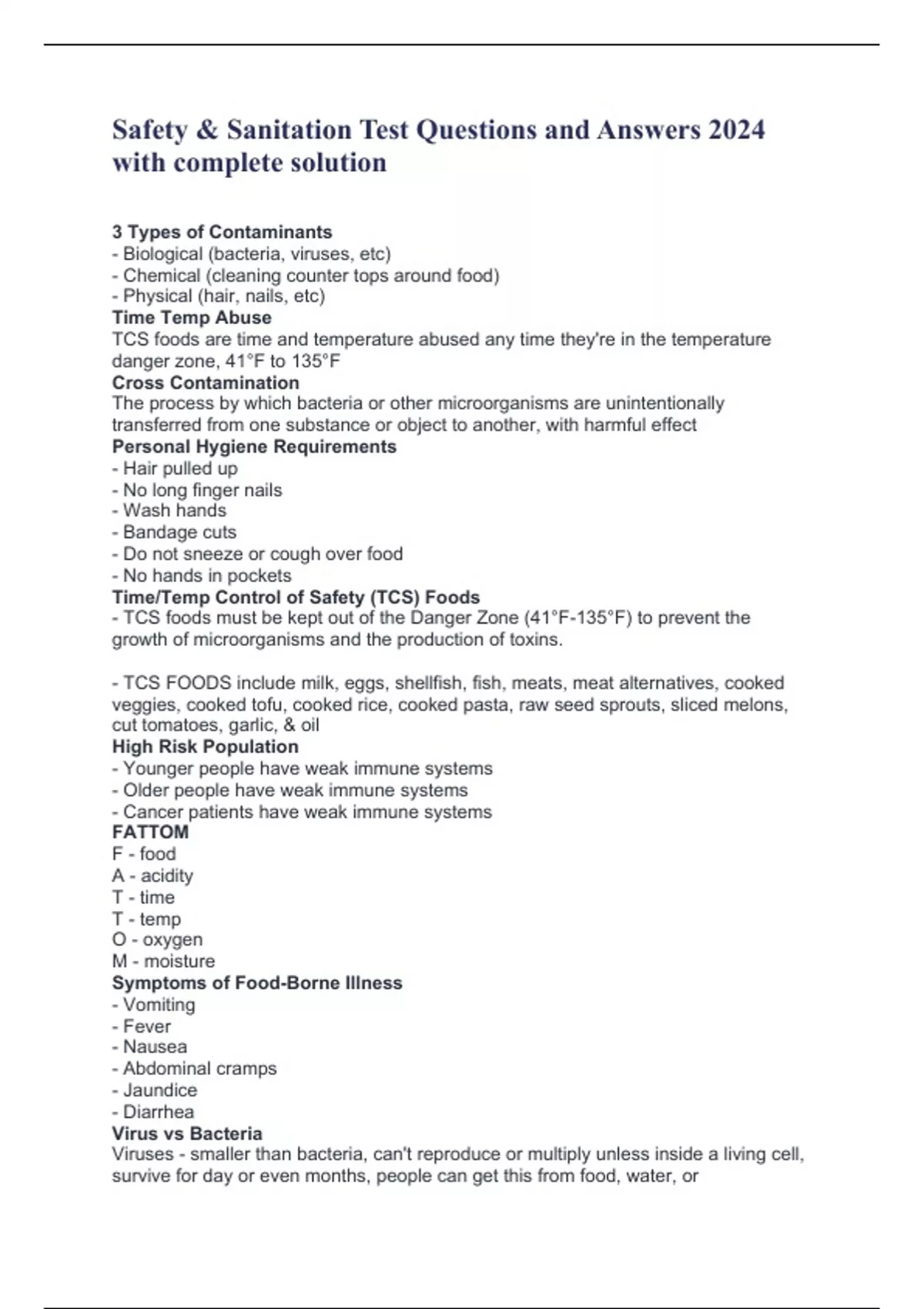 Safety & Sanitation Test Questions and Answers 2024 with complete ...