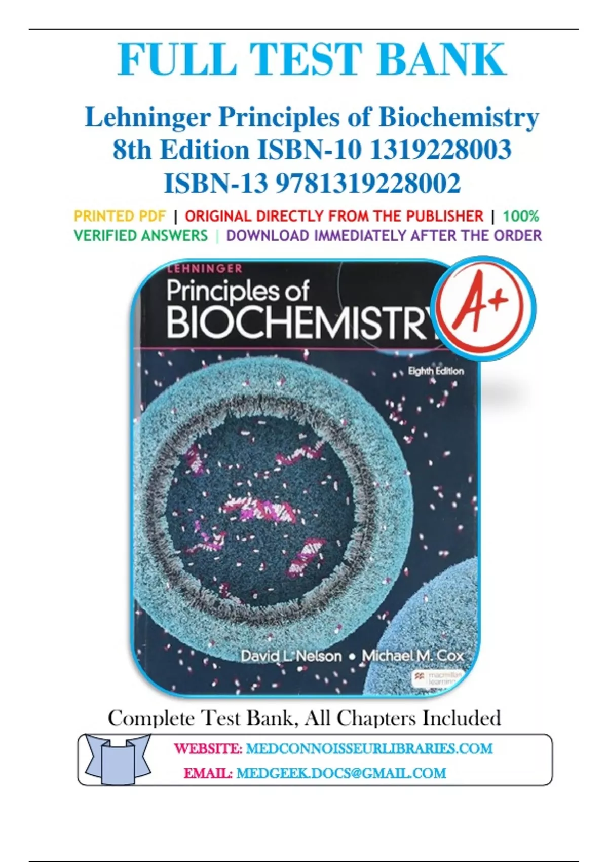 Test Bank for Lehninger Principles of Biochemistry 8th Edition by David ...