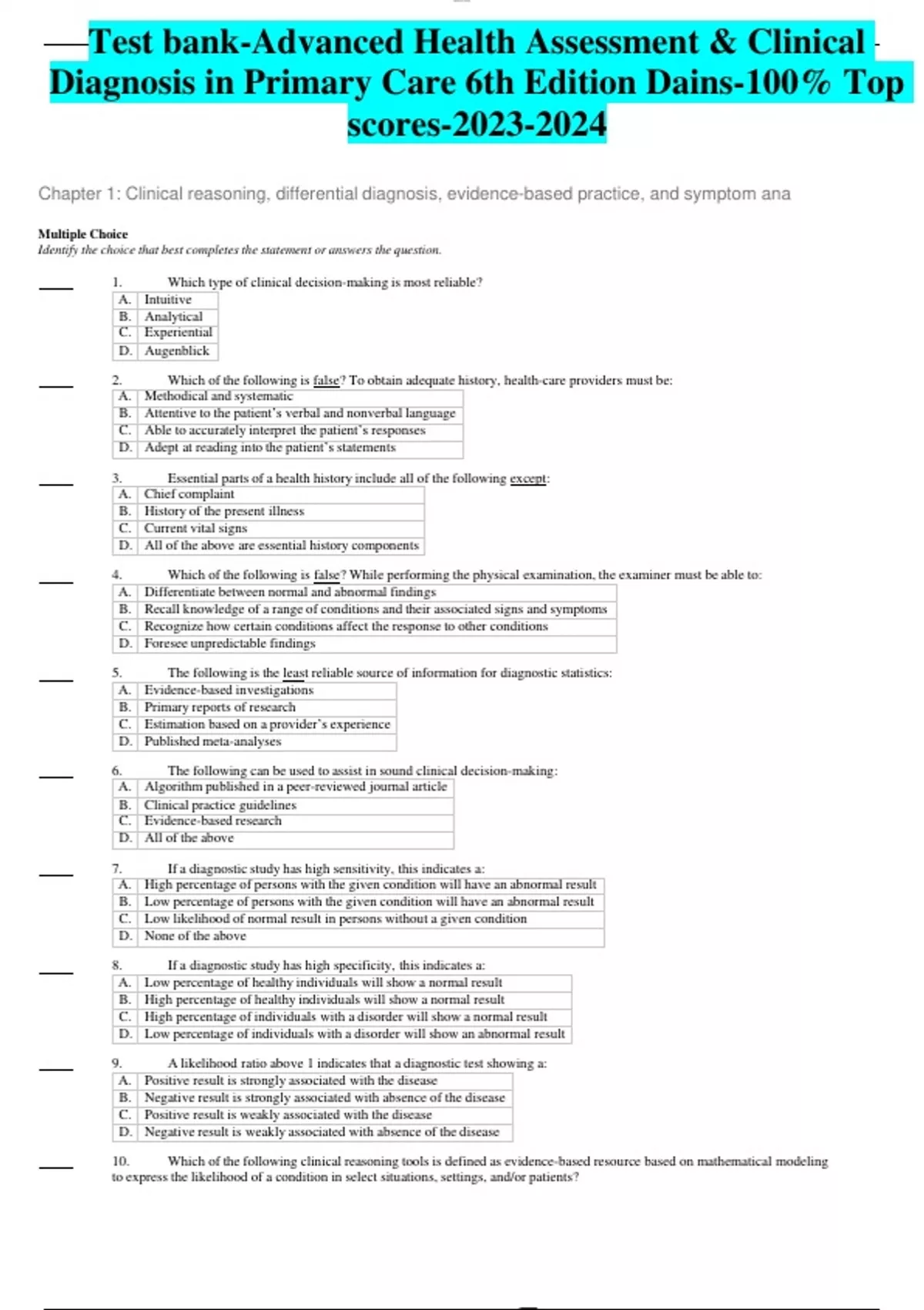 TEST BANK ADVANCED HEALTH ASSESSMENT & CLINICAL DIAGNOSIS I PRIMARY ...
