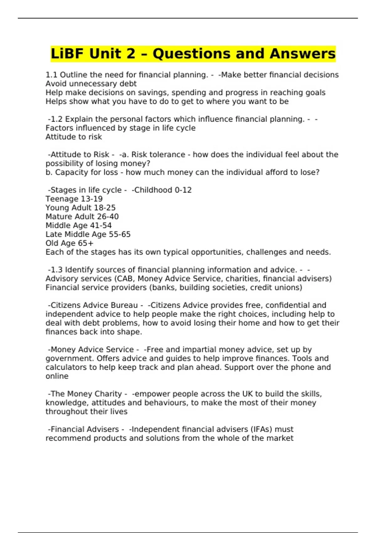 LiBF Unit 2 – Questions and Answers - LiBF Unit 2 – - Stuvia US