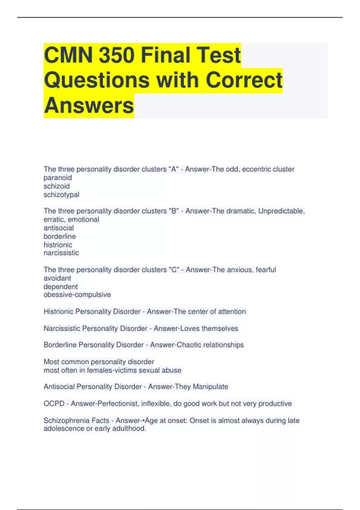CMN 350 Final Test Questions with Correct Answers - CMN - Stuvia US