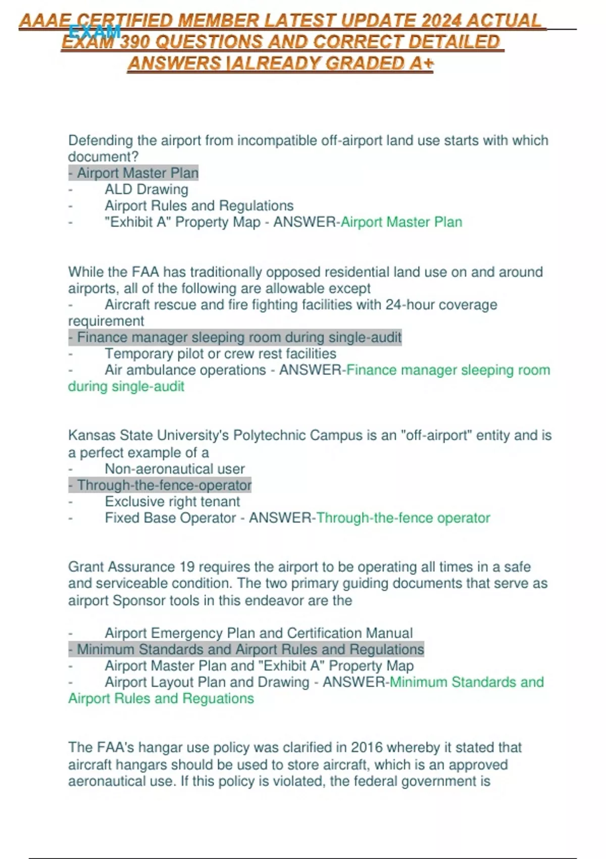 AAAE CERTIFIED MEMBER LATEST UPDATE 2024 ACTUAL EXAM 390 QUESTIONS AND ...