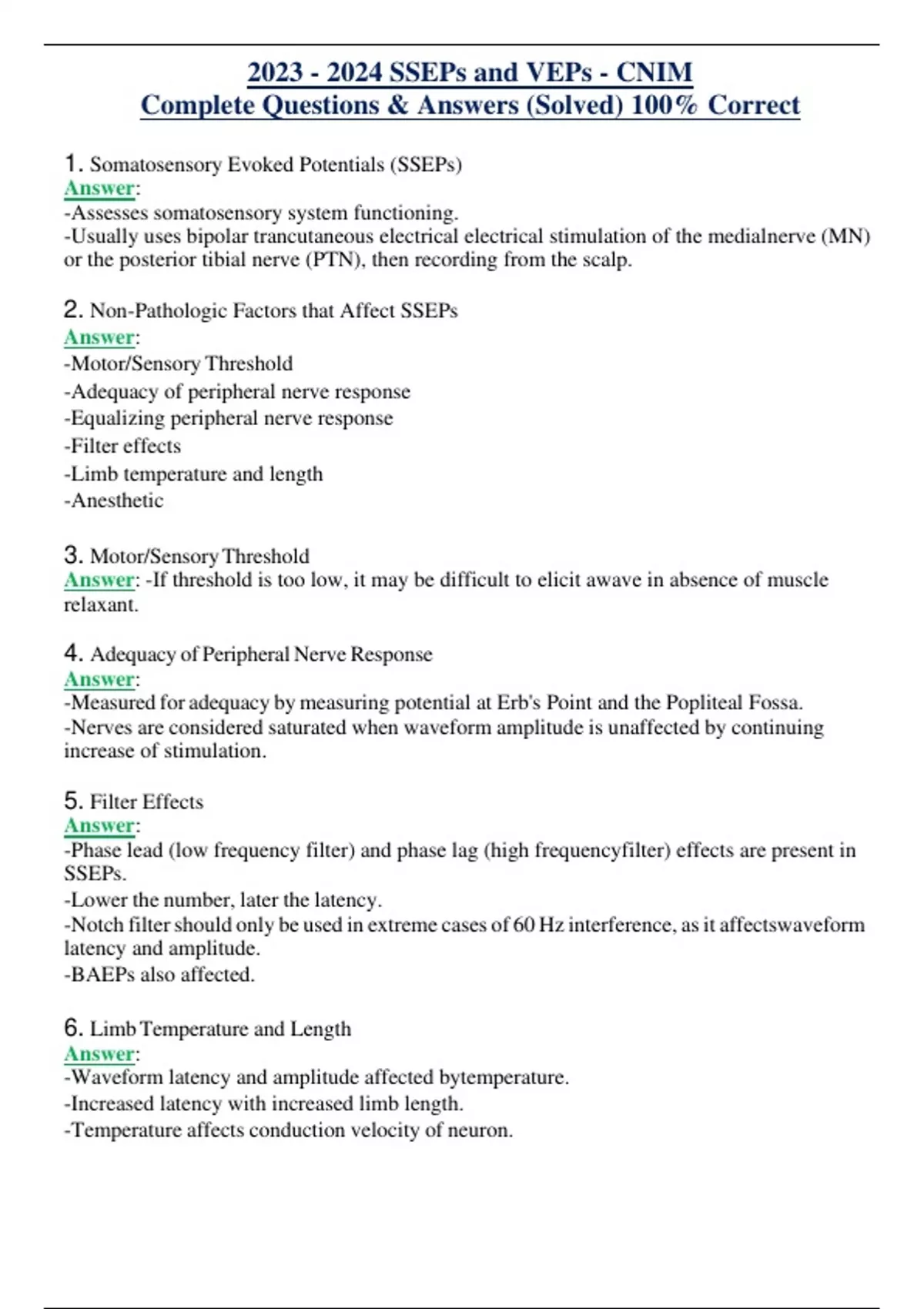 2024 SSEPs and VEPs - CNIM Complete Questions & Answers (Solved) 100% ...