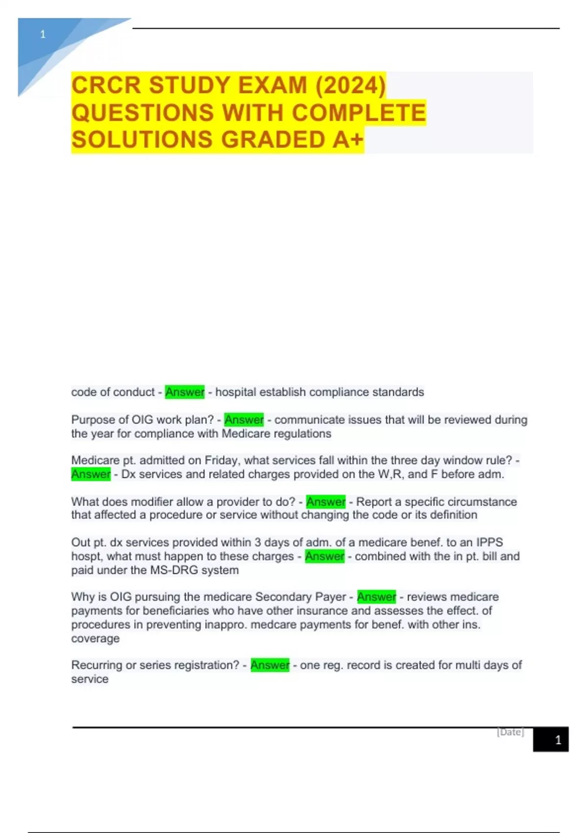 CRCR STUDY EXAM (2024) QUESTIONS WITH COMPLETE SOLUTIONS GRADED A+ ...