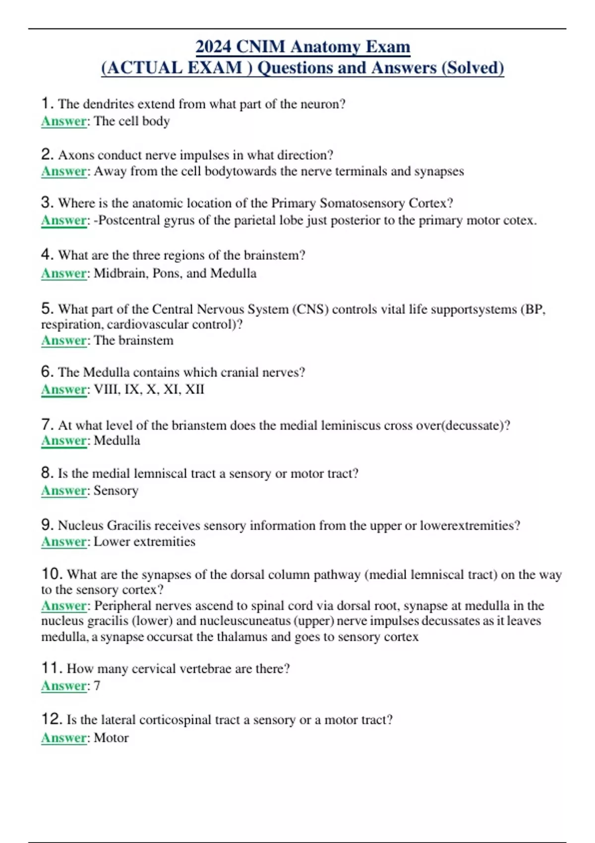 2024 CNIM Anatomy Exam (ACTUAL EXAM ) Questions and Answers (Solved ...