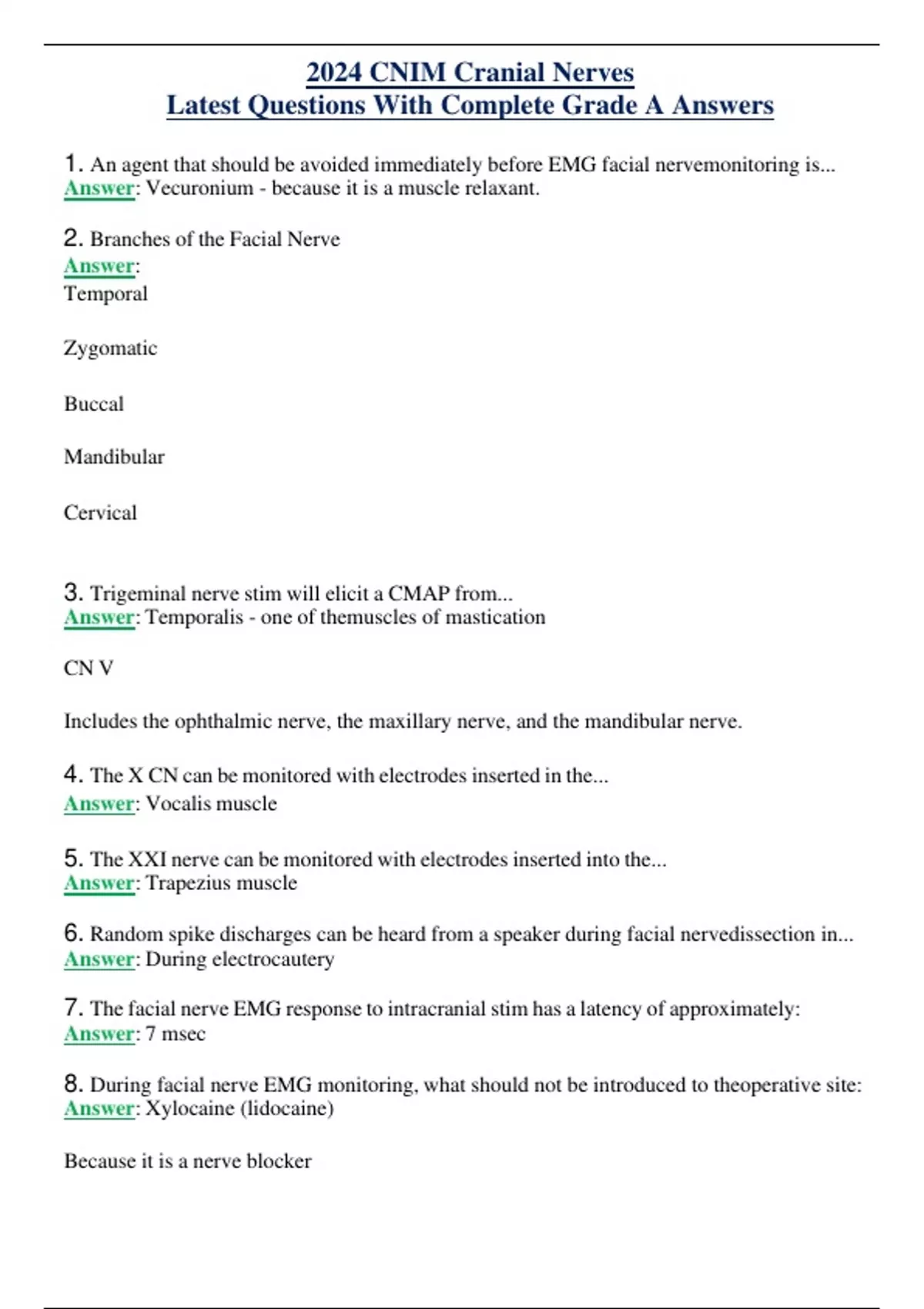 2024 CNIM Cranial Nerves Latest Questions With Complete Grade A Answers ...