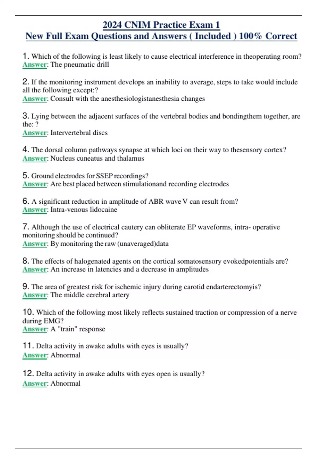 2024 CNIM Practice Exam 1 New Full Exam Questions and Answers ...