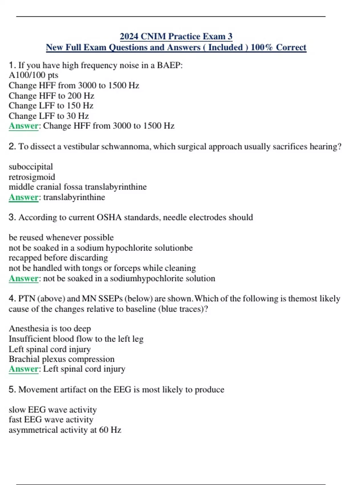 2024 CNIM Practice Exam 3 New Full Exam Questions and Answers ...