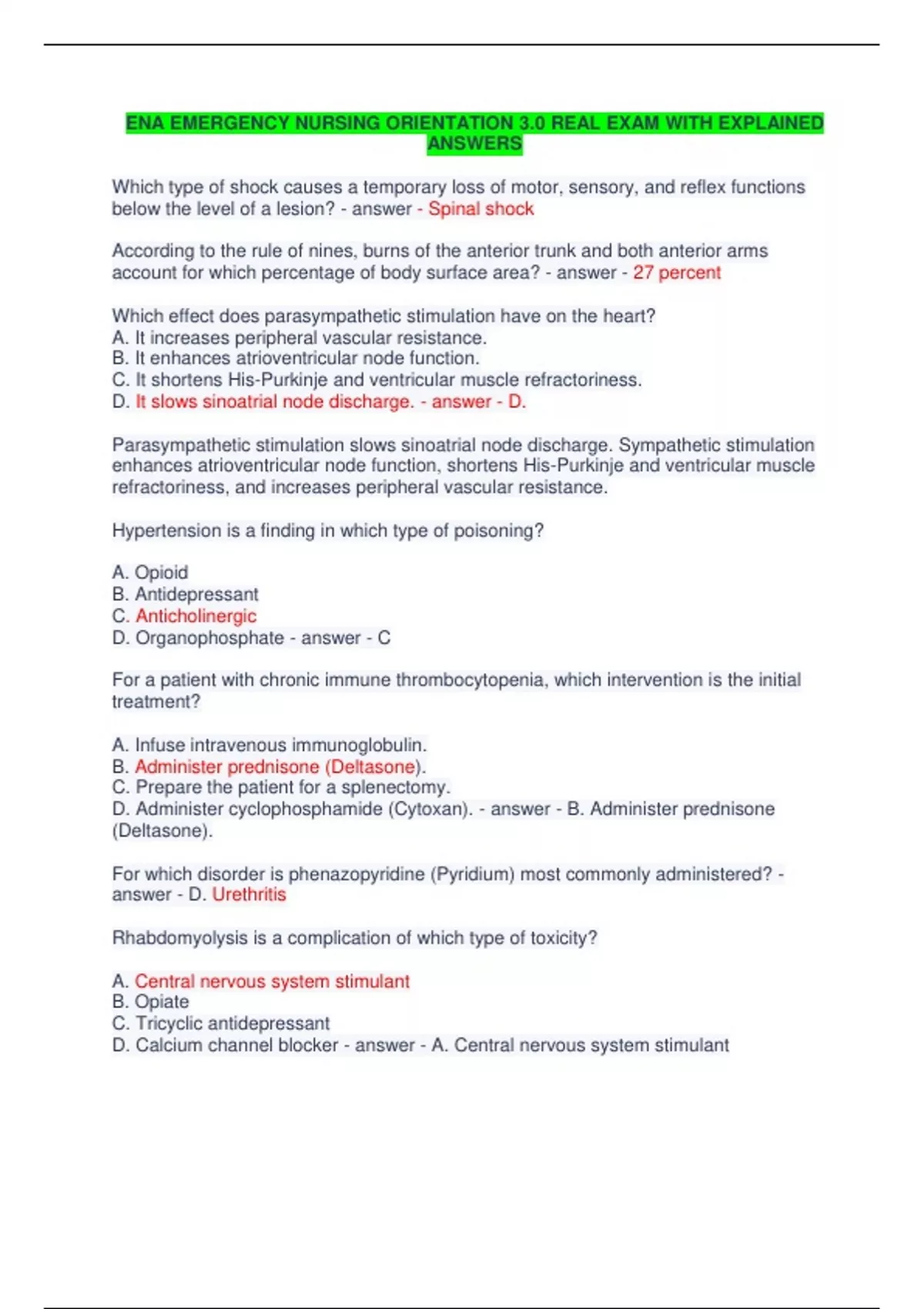ENA EMERGENCY NURSING ORIENTATION 3.0 REAL EXAM WITH EXPLAINED ANSWERS ...