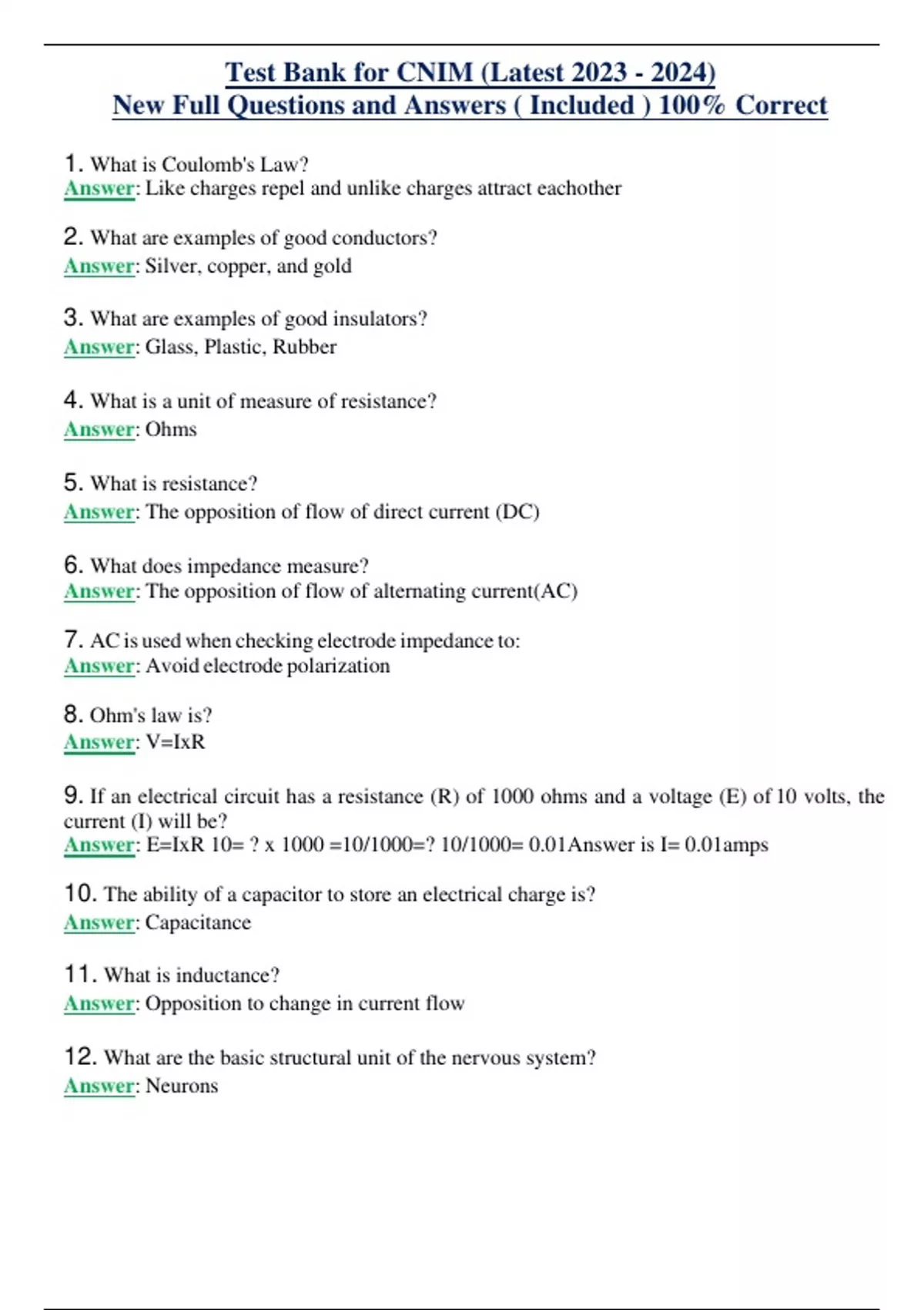 Test Bank for CNIM (Latest ) New Full Questions and Answers ( Included ...