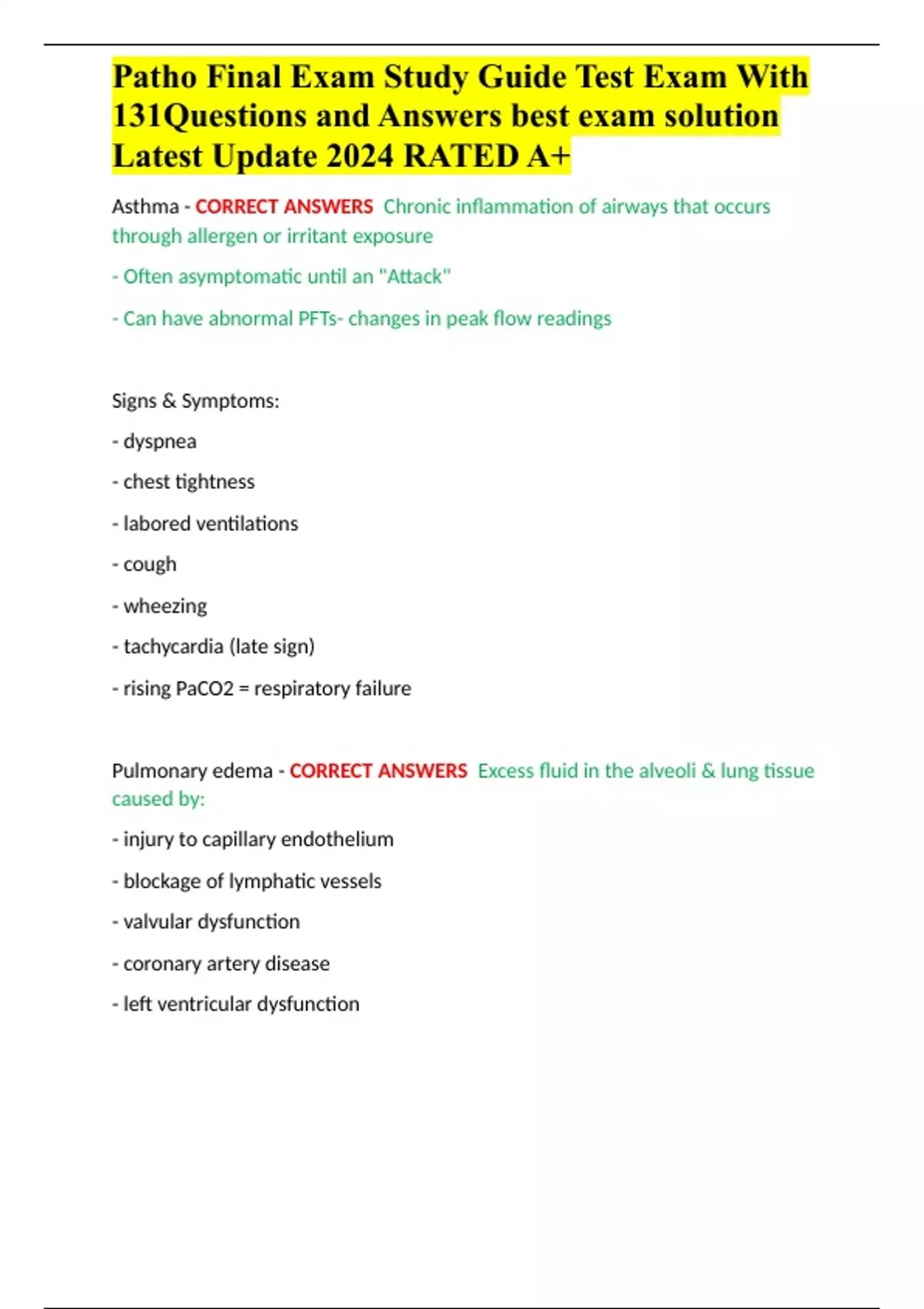 Patho Final Exam Study Guide Test Exam With 131Questions and Answers ...