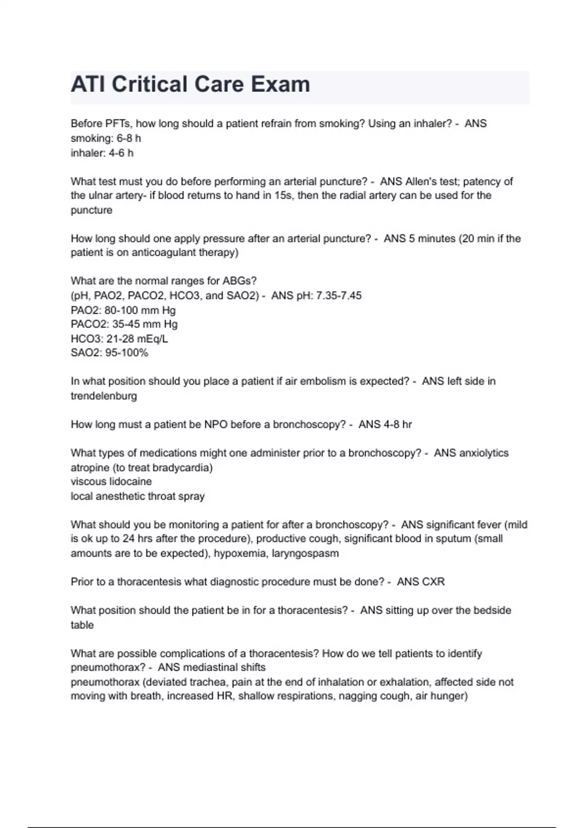 ATI Critical Care Exam Questions with correct Answers 2024( A+ GRADED ...