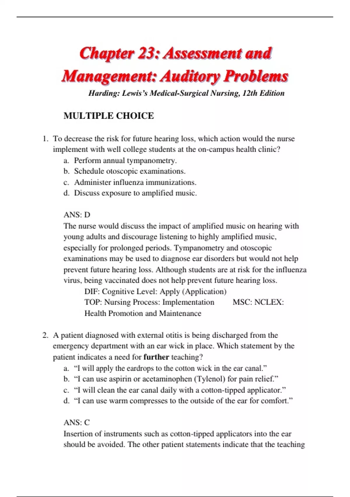 Chapter 23: Assessment and Management: Auditory Problems Harding: Lewis’s Medical-Surgical ...