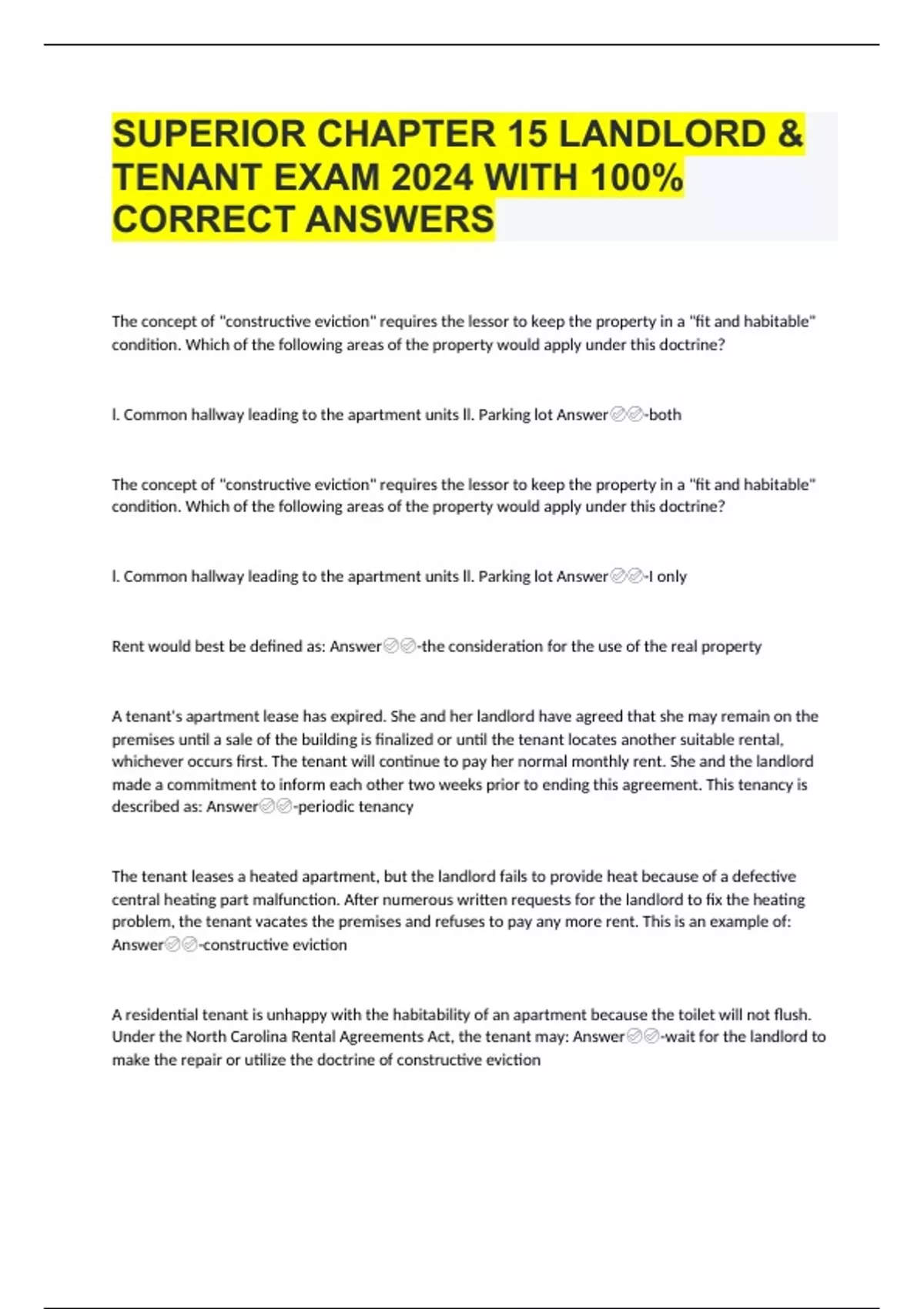 SUPERIOR CHAPTER 15 LANDLORD & TENANT EXAM 2024 WITH 100% CORRECT ...