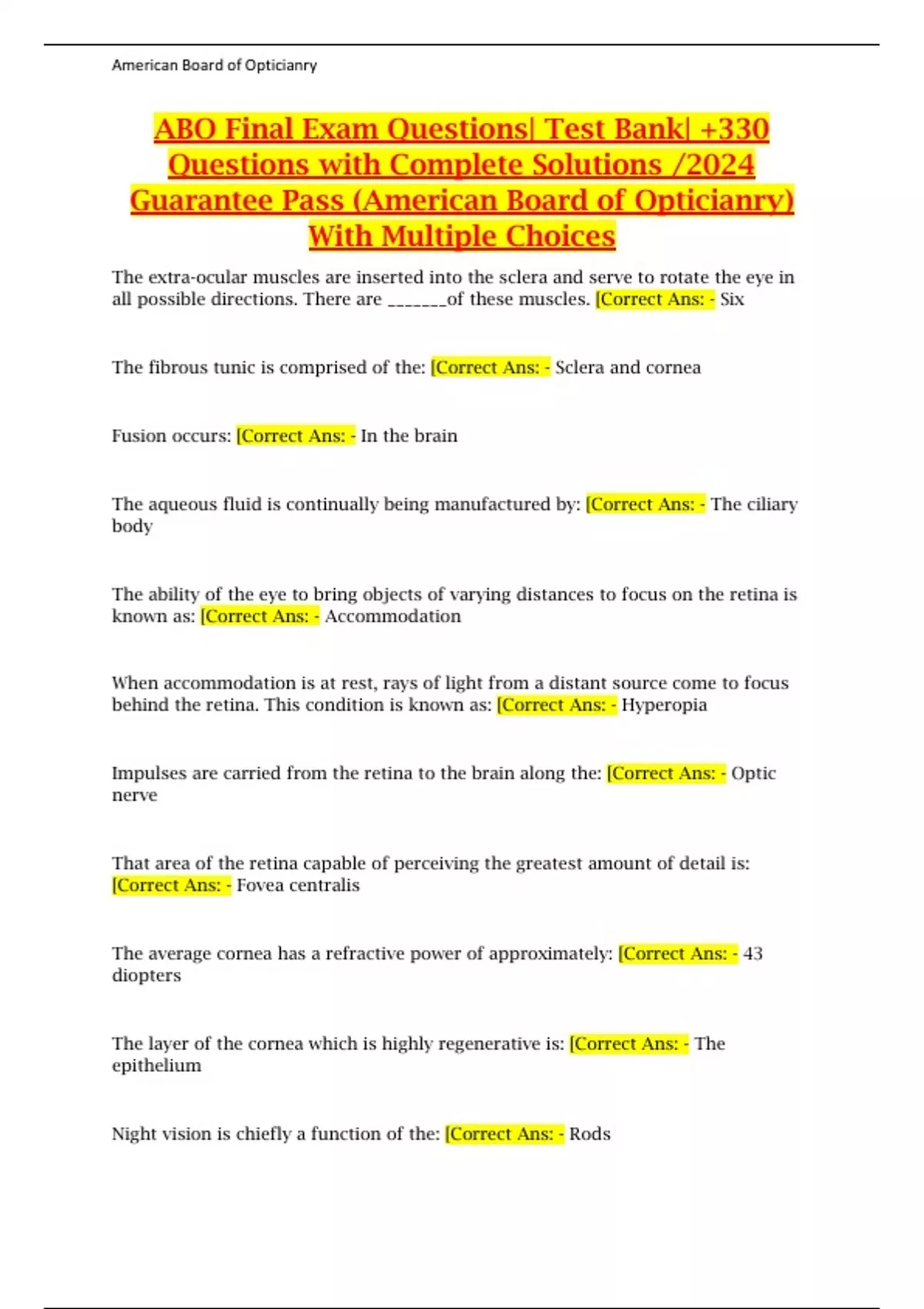 ABO Final Exam Questions| Test Bank| +330 Questions with Complete ...