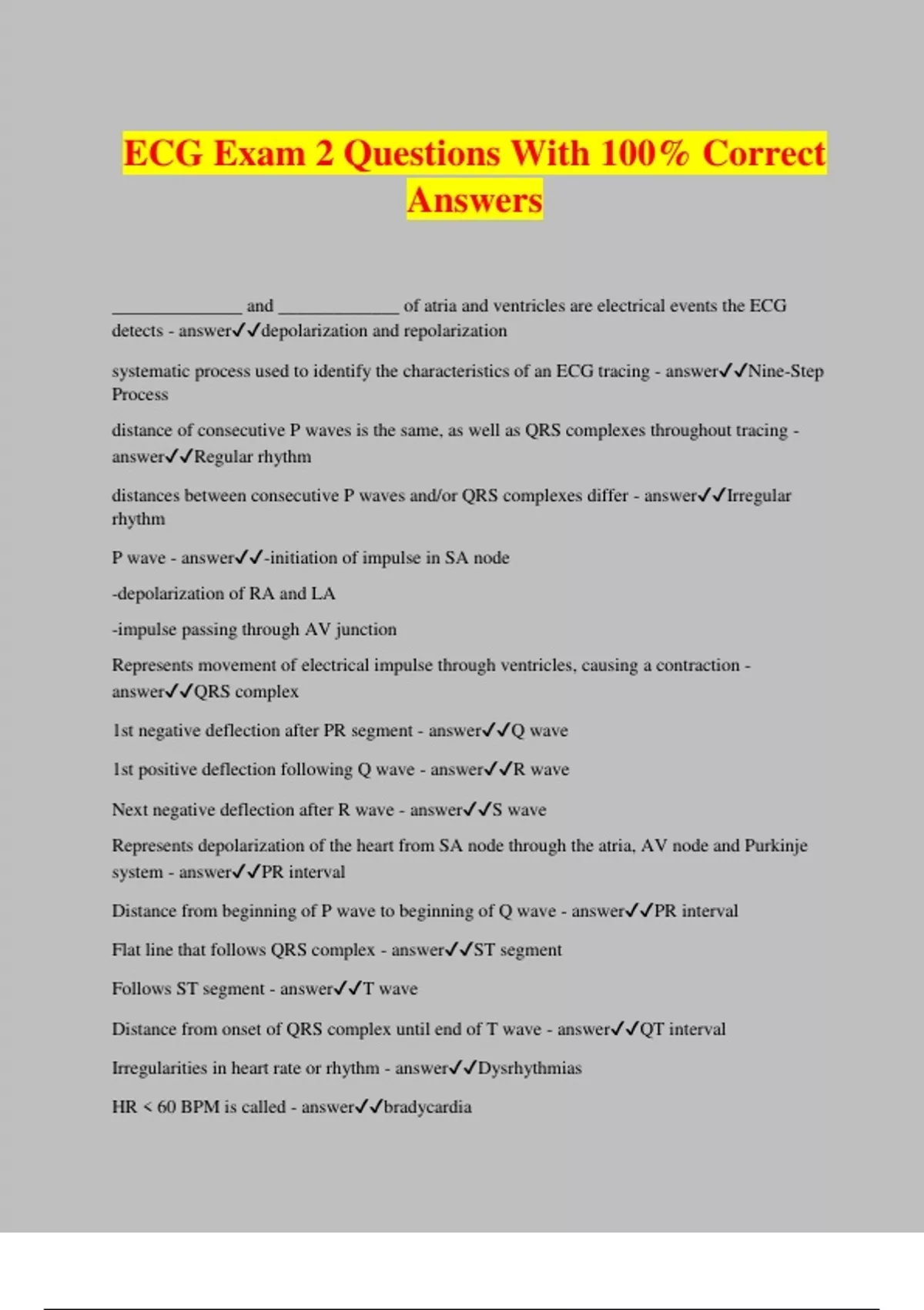 ECG Exam 2 Questions With 100% Correct Answers - ECG - Stuvia US