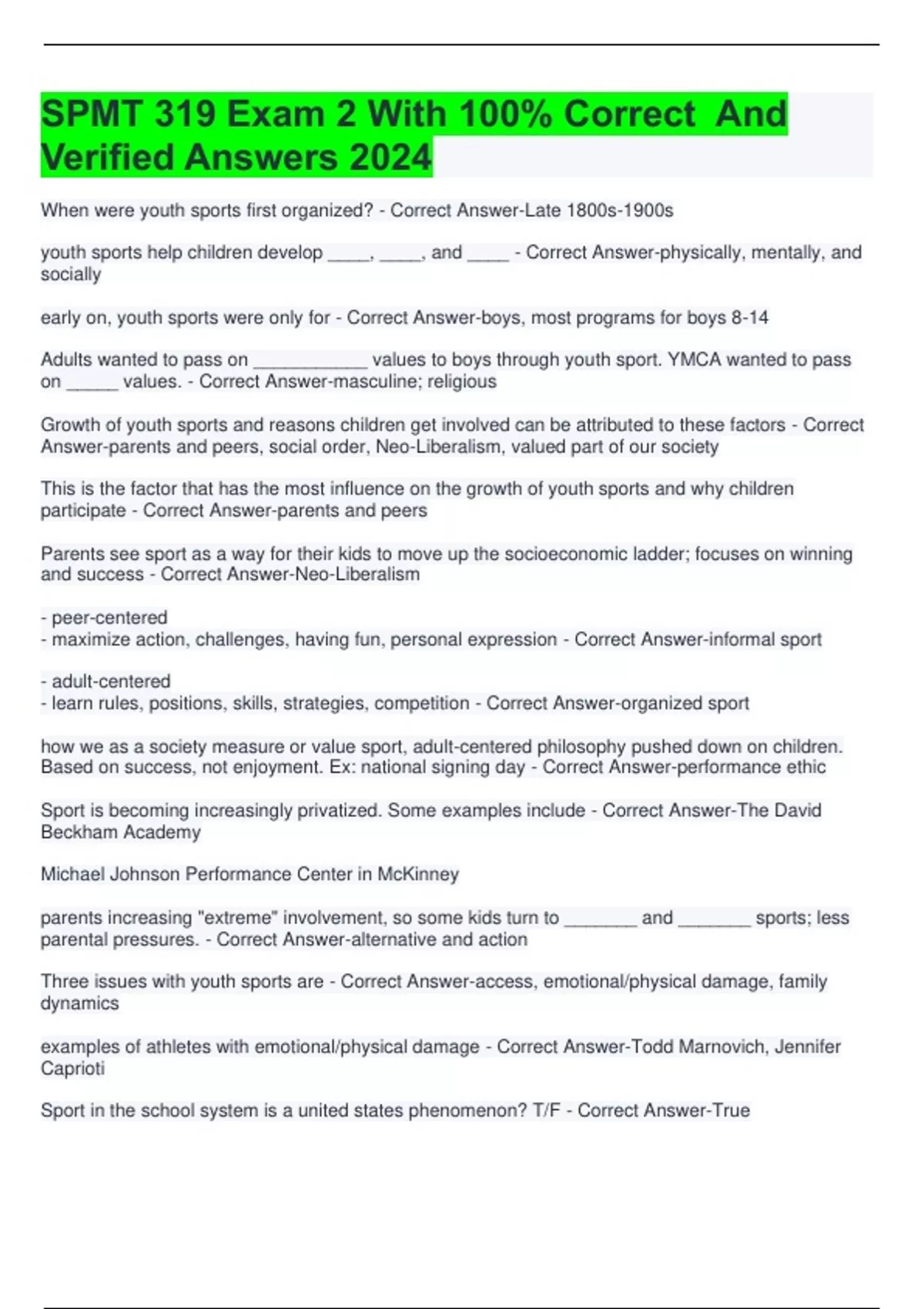 SPMT 319 Exam 2 With 100% Correct And Verified Answers 2024 - SPMT 319 - Stuvia US