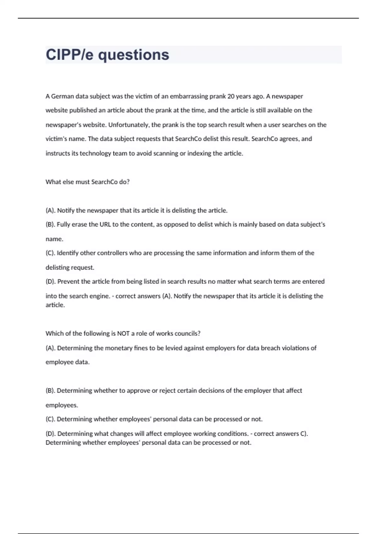 CIPPe questions with complete solution 2023/2024 - CIPP/E - Stuvia US