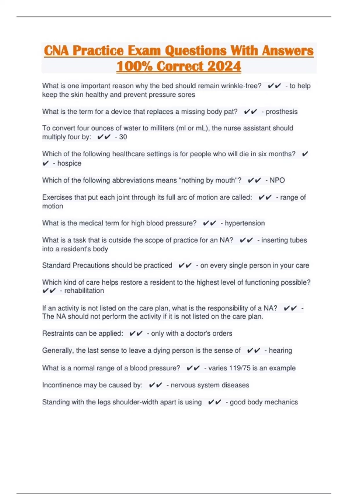 CNA Practice Exam Questions With Answers 100% Correct 2024 - CNA ...