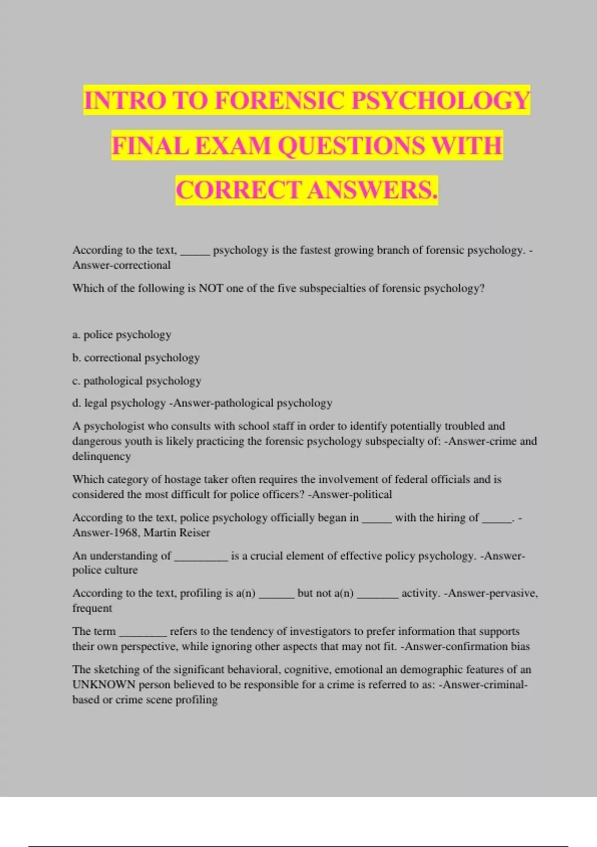 INTRO TO FORENSIC PSYCHOLOGY FINAL EXAM QUESTIONS WITH CORRECT ANSWERS. - Forensic Psychology ...