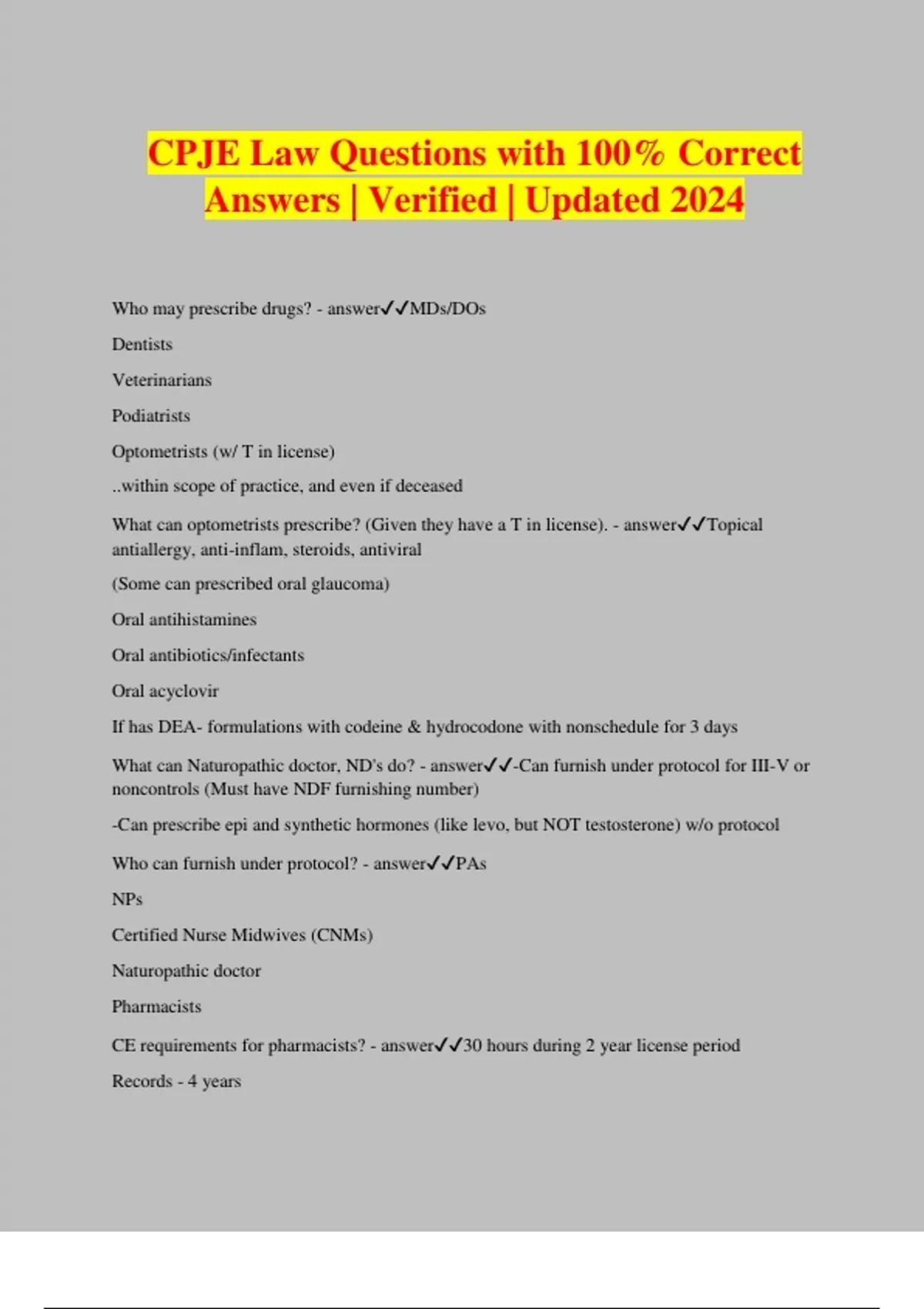 CPJE Law Questions with 100% Correct Answers | Verified | Updated 2024 ...