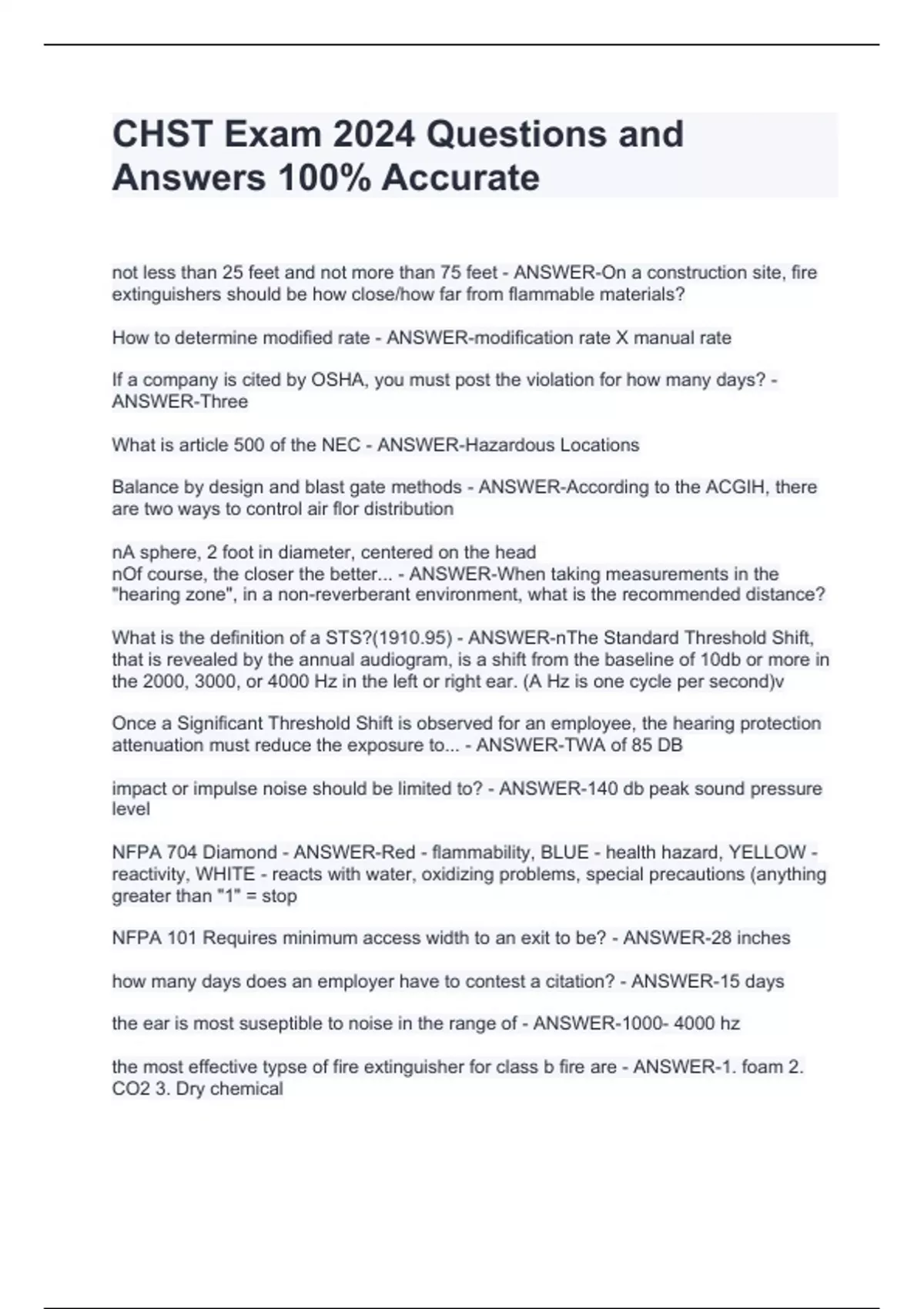 CHST Exam 2024 Questions and Answers 100% Accurate - Chst - Stuvia US