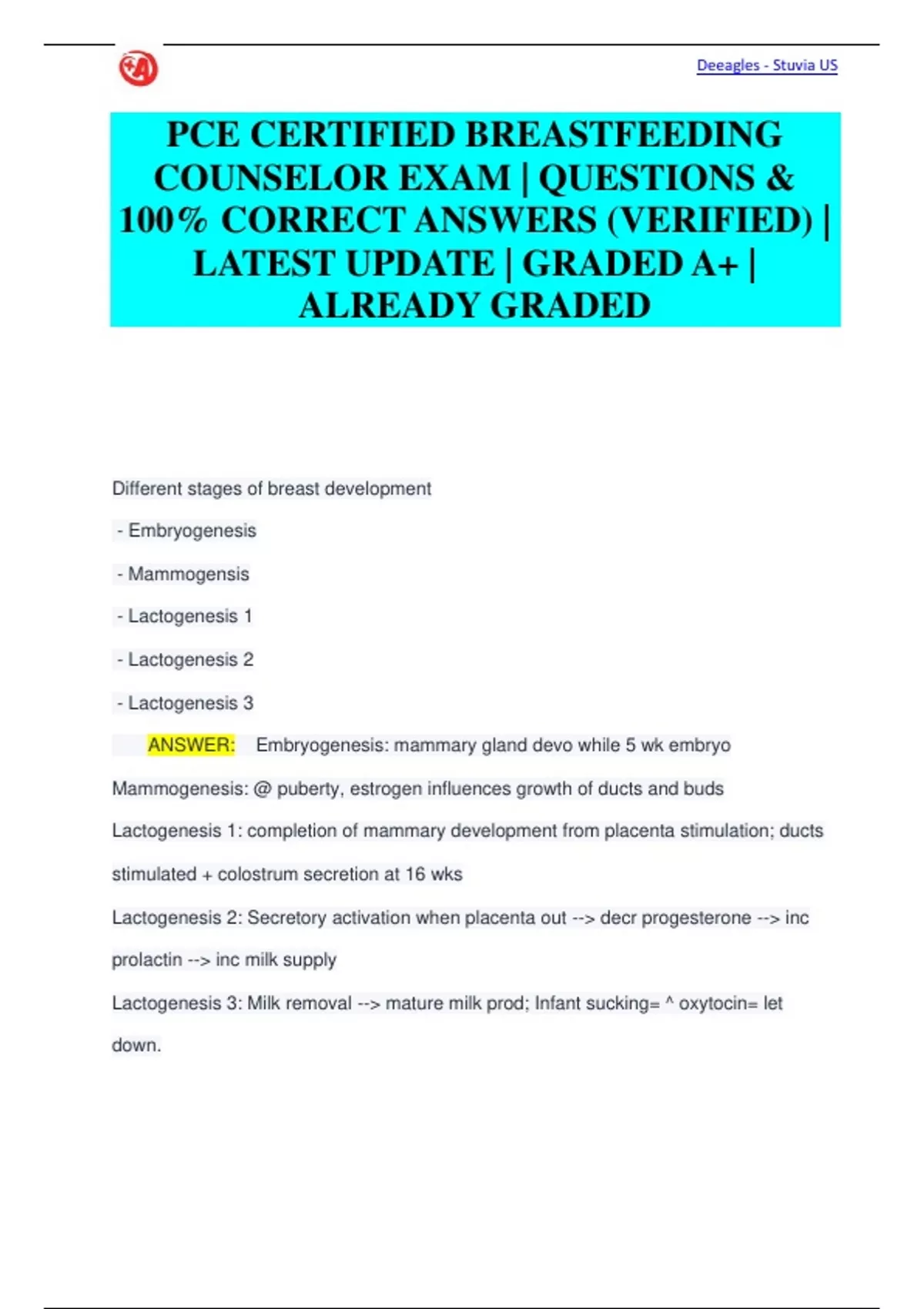PCE CERTIFIED BREASTFEEDING COUNSELOR EXAM | QUESTIONS & 100% CORRECT ...