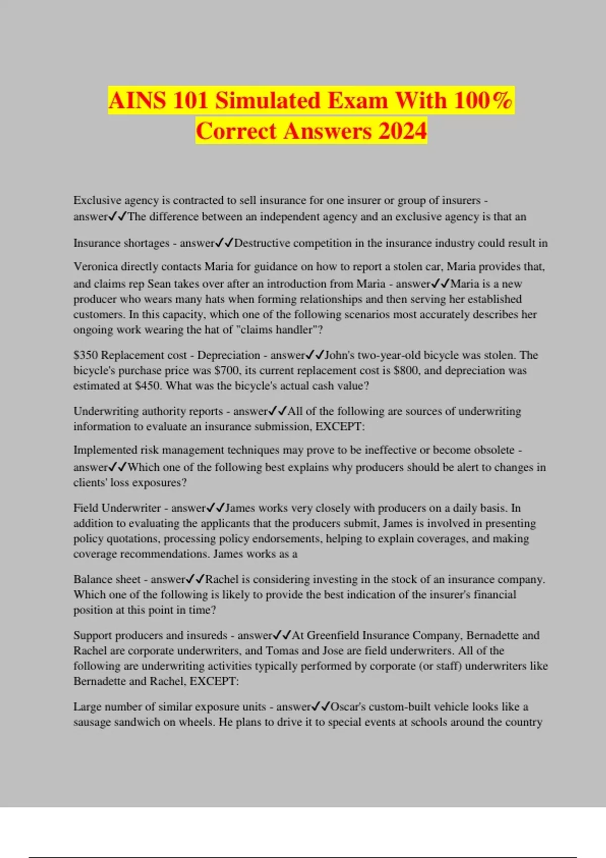 AINS 101 Simulated Exam With 100% Correct Answers 2024 - Ains101 ...