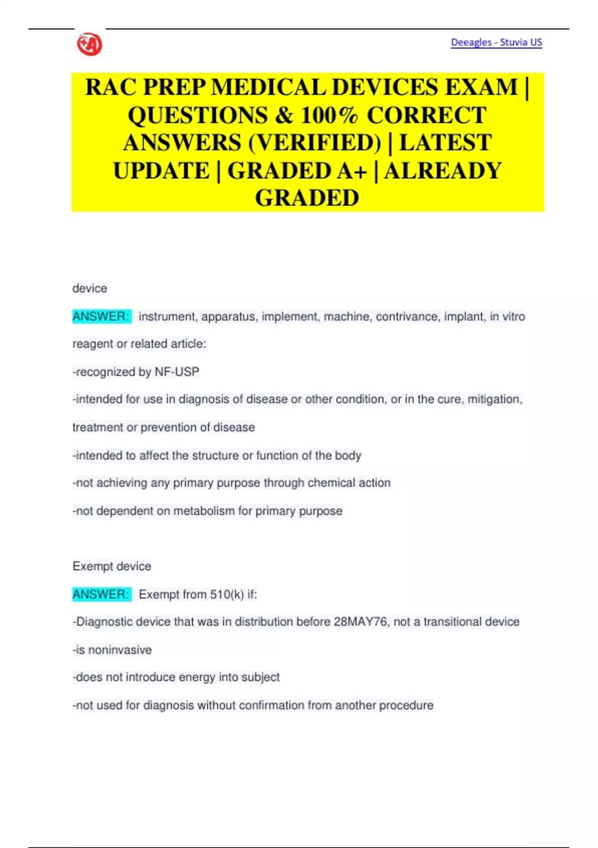 Rac Prep Medical Devices Exam Questions And 100 Correct Answers Verified Latest Update