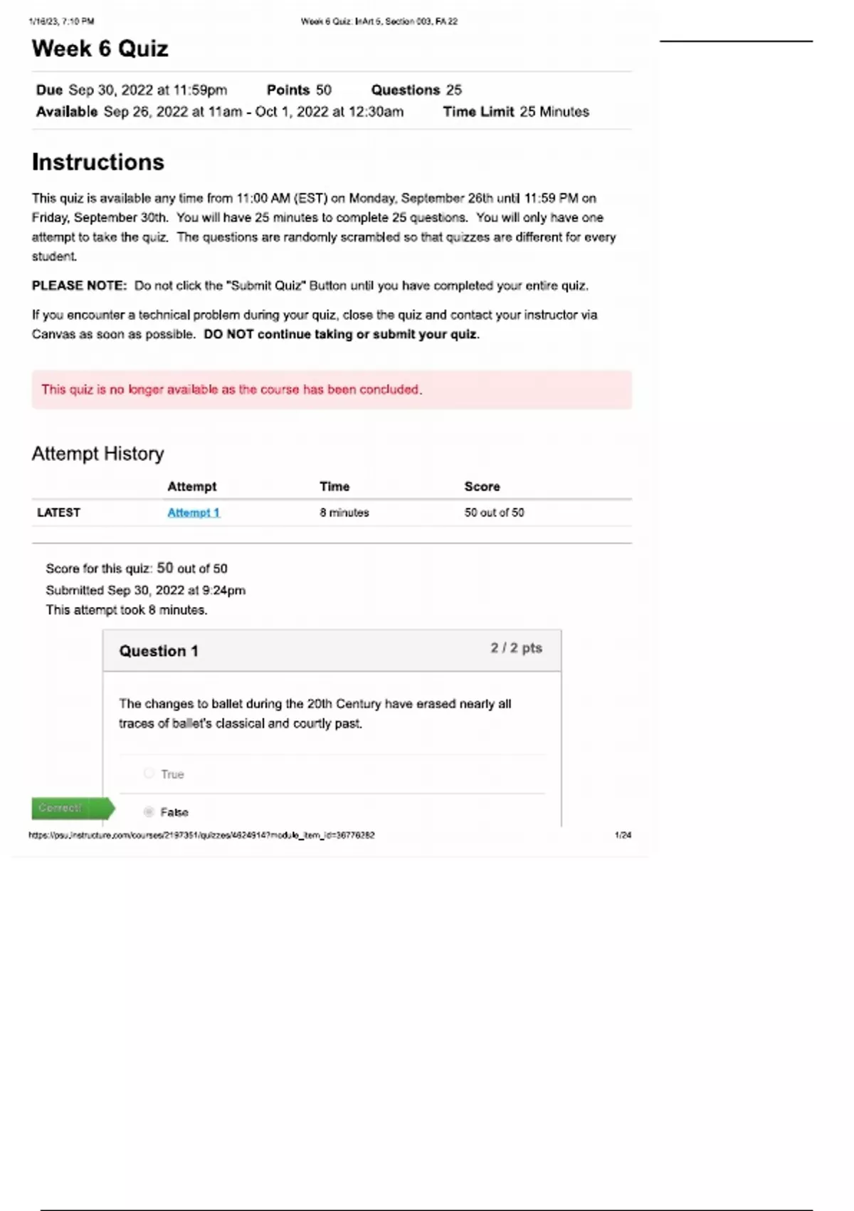 Week 6 Quiz – INART 5, Section 003, FA 22 Integrative Arts 5 | Penn State University ...