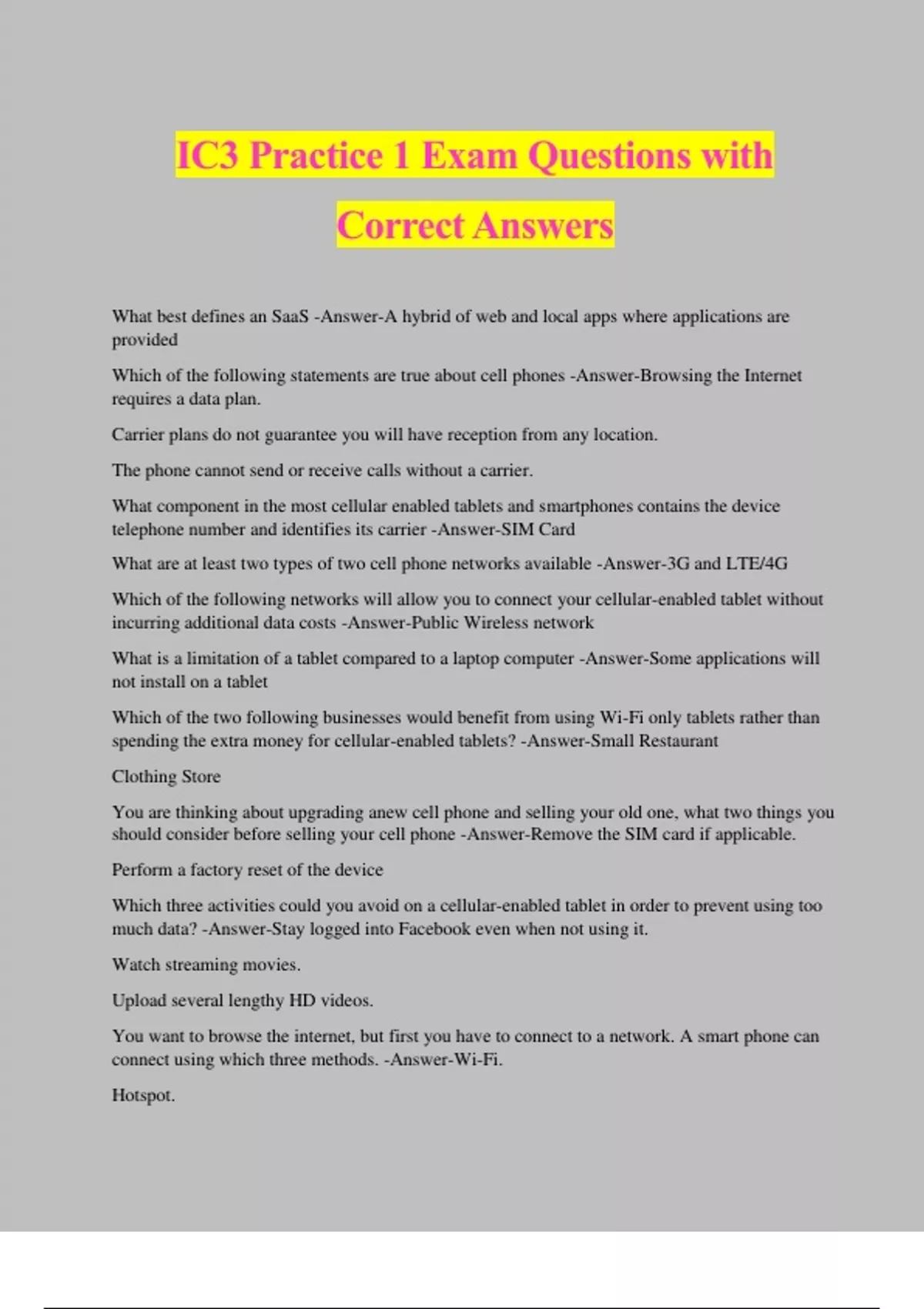 IC3 Practice 1 Exam Questions with Correct Answers - IC3 Computer Fundamentals - Stuvia US