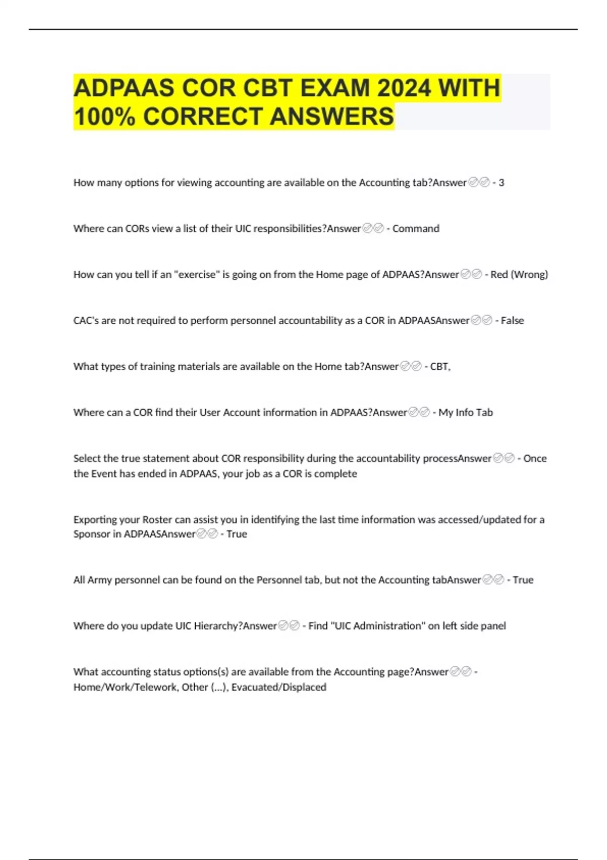 ADPAAS COR CBT EXAM 2024 WITH 100% CORRECT ANSWERS - ADPAAS COR CBT - Stuvia US