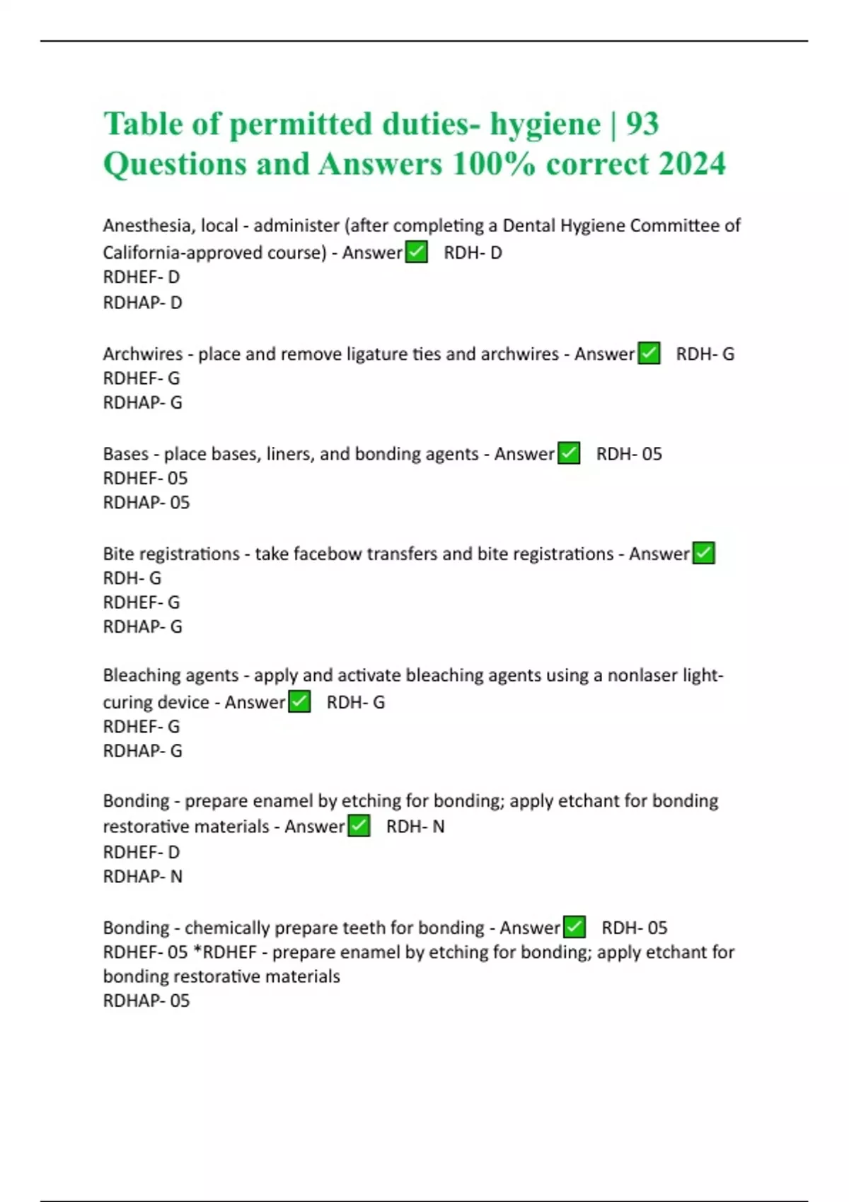 Table of permitted duties- hygiene | 93 Questions and Answers 100% correct 2024 - RDH ...