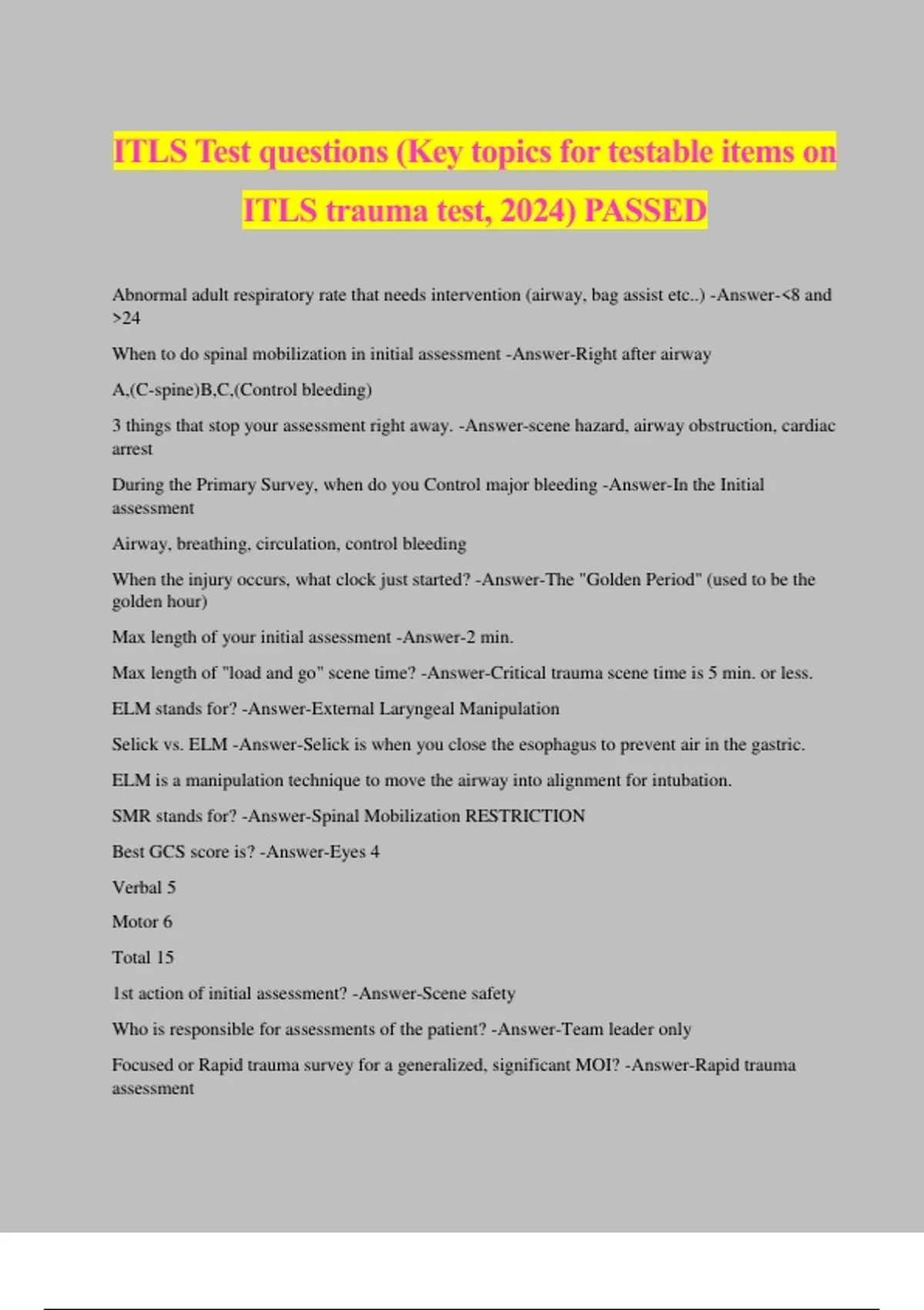 ITLS Test questions (Key topics for testable items on ITLS trauma test ...