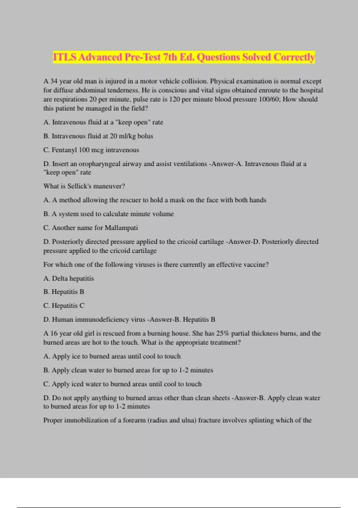 ITLS Advanced Pre-Test 7th Ed. Questions Solved Correctly - ITLS ...