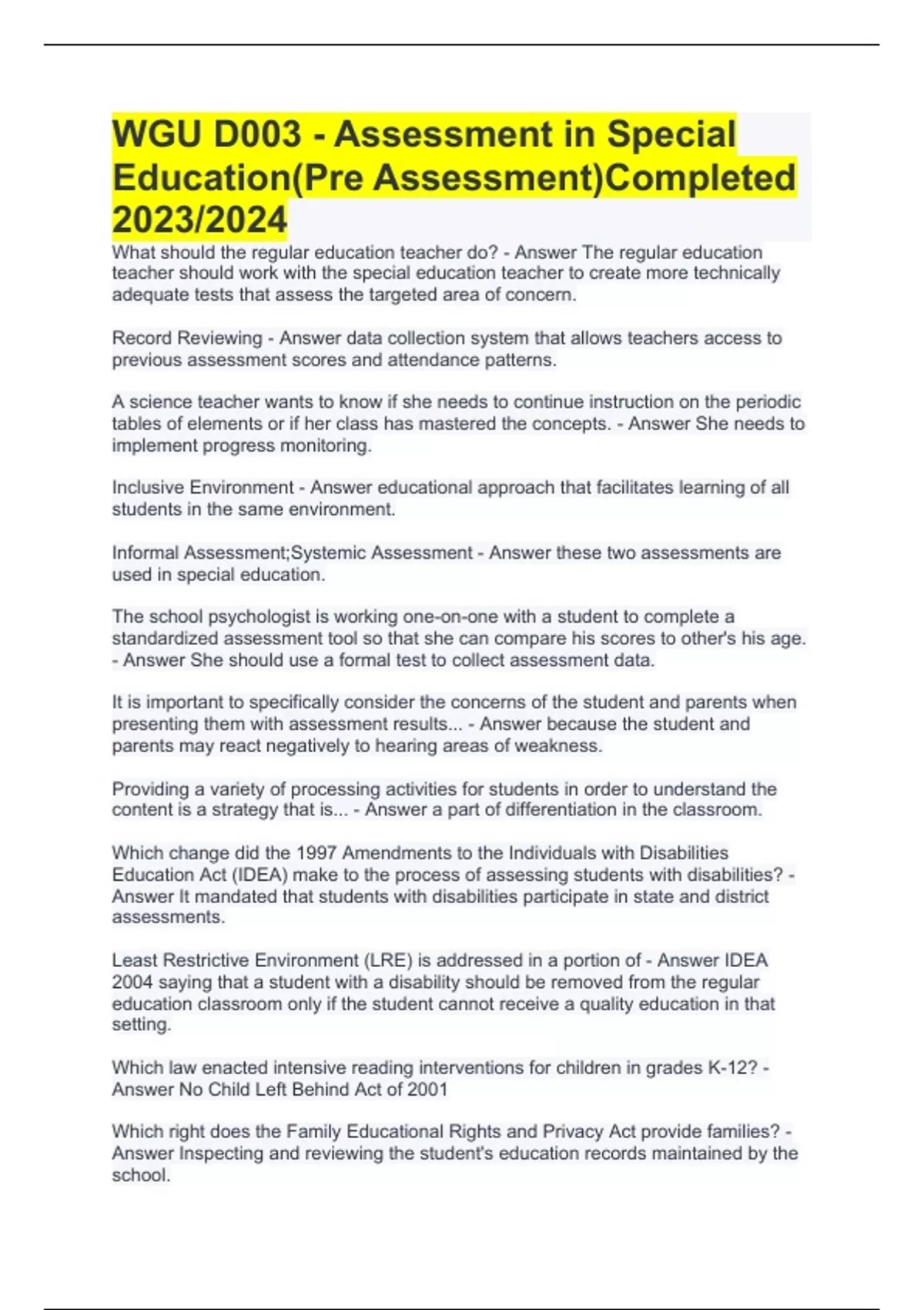 WGU D003 - Assessment in Special Education(Pre Assessment)Completed 2023/2024 - WGU D033 - Stuvia US