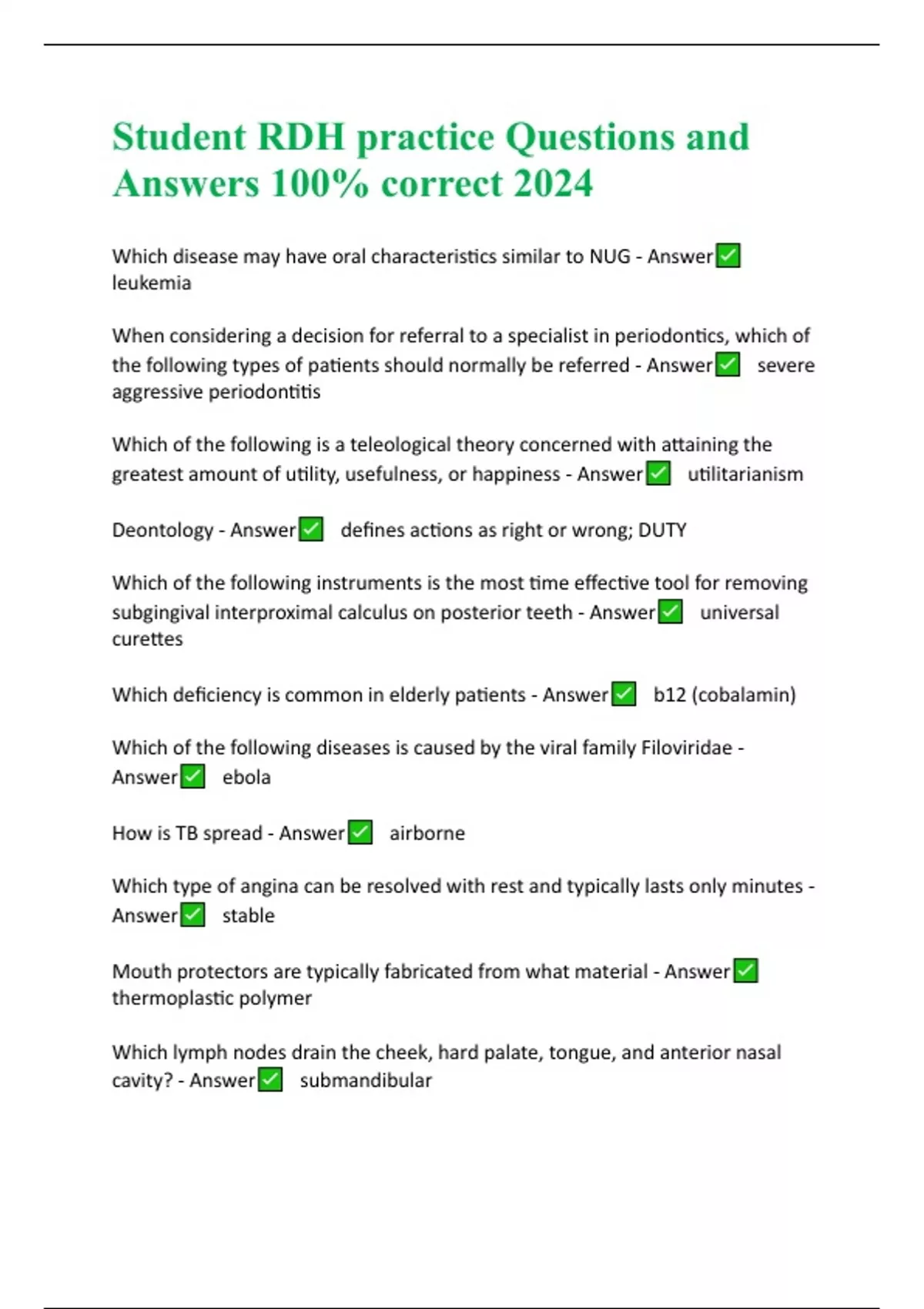 Student RDH practice Questions and Answers 100% correct 2024 - RDH ...