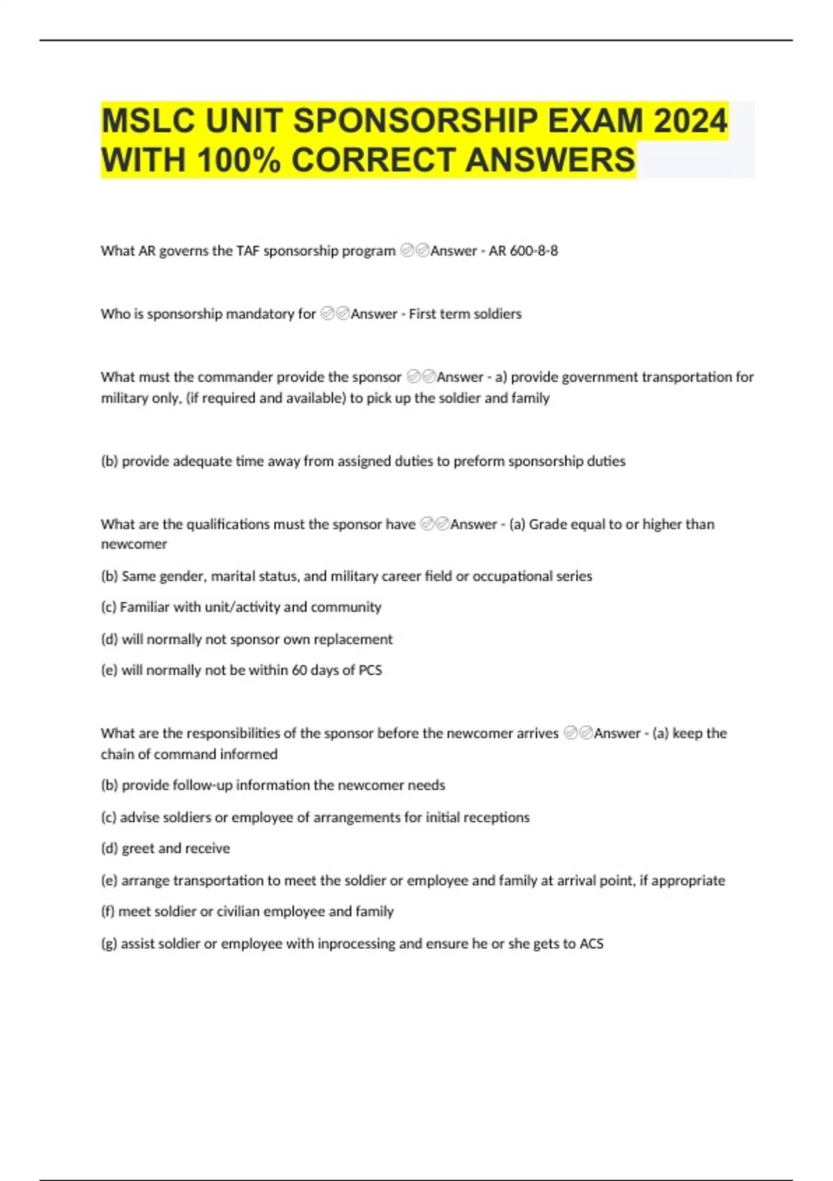 MSLC UNIT SPONSORSHIP EXAM 2024 WITH 100% CORRECT ANSWERS - MSLC ...