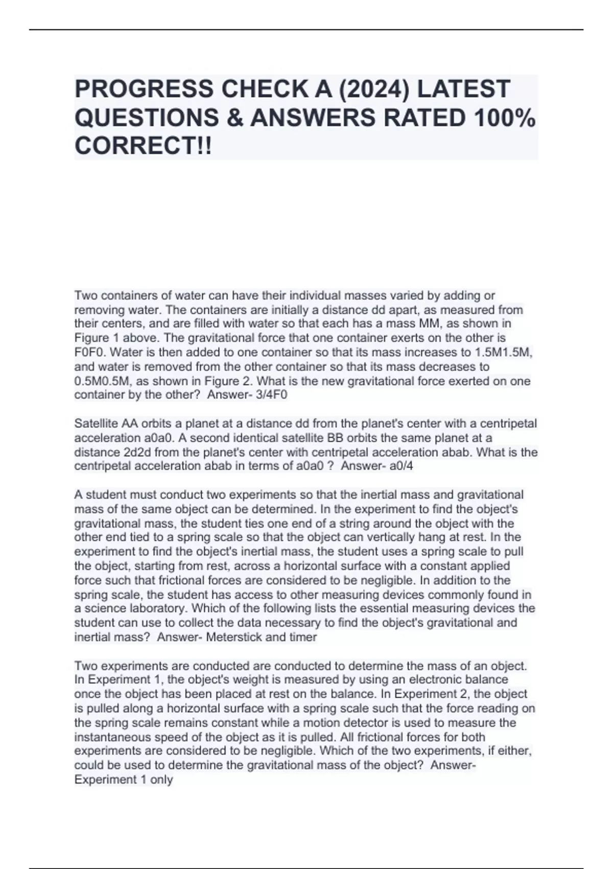 PROGRESS CHECK A (2024) LATEST QUESTIONS & ANSWERS RATED 100% CORRECT ...